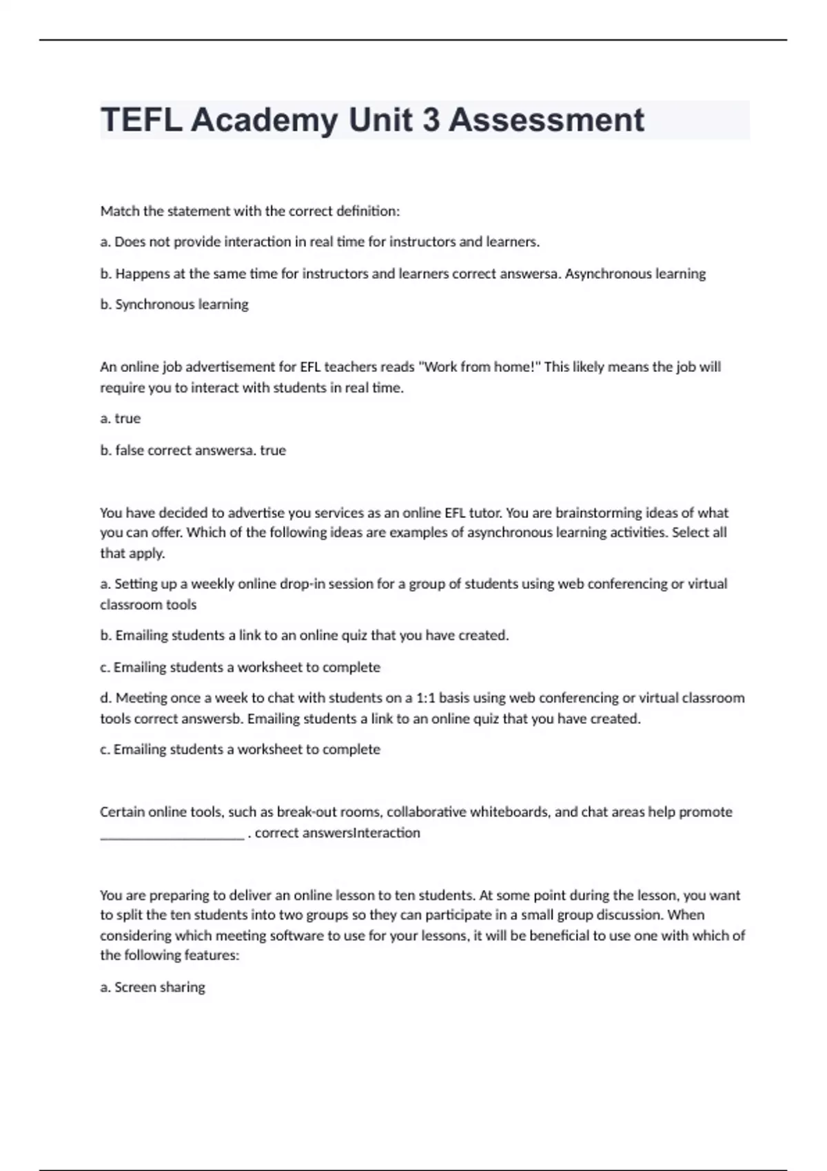 TEFL Academy Unit 3 Assessment with 100% correct answers 2024 - TEFL ...