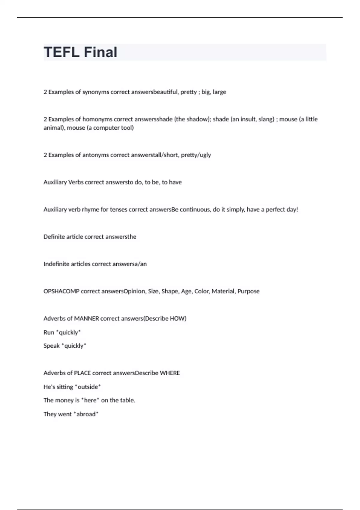 TEFL Final exam 2024 with 100% complete solutions - TEFL Fi - Stuvia US