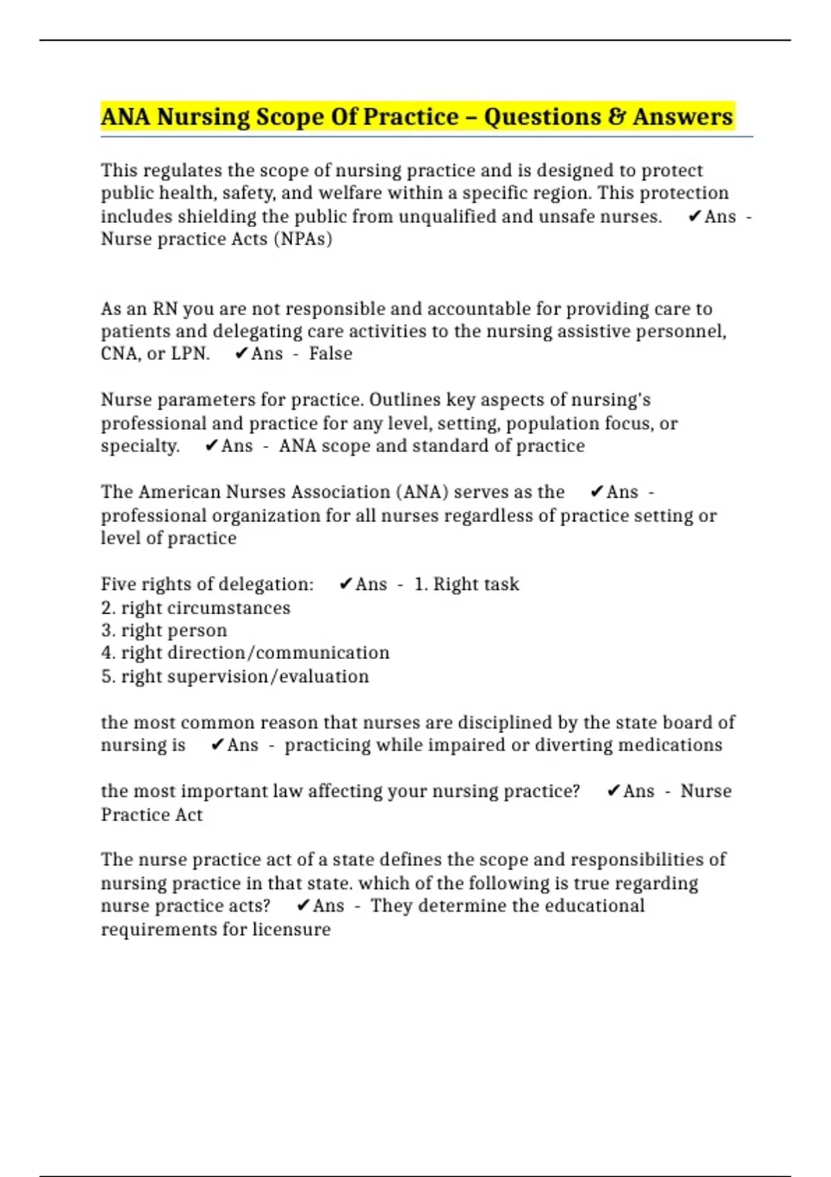 ANA Nursing Scope Of Practice – Questions & Answers - ANA - Stuvia US