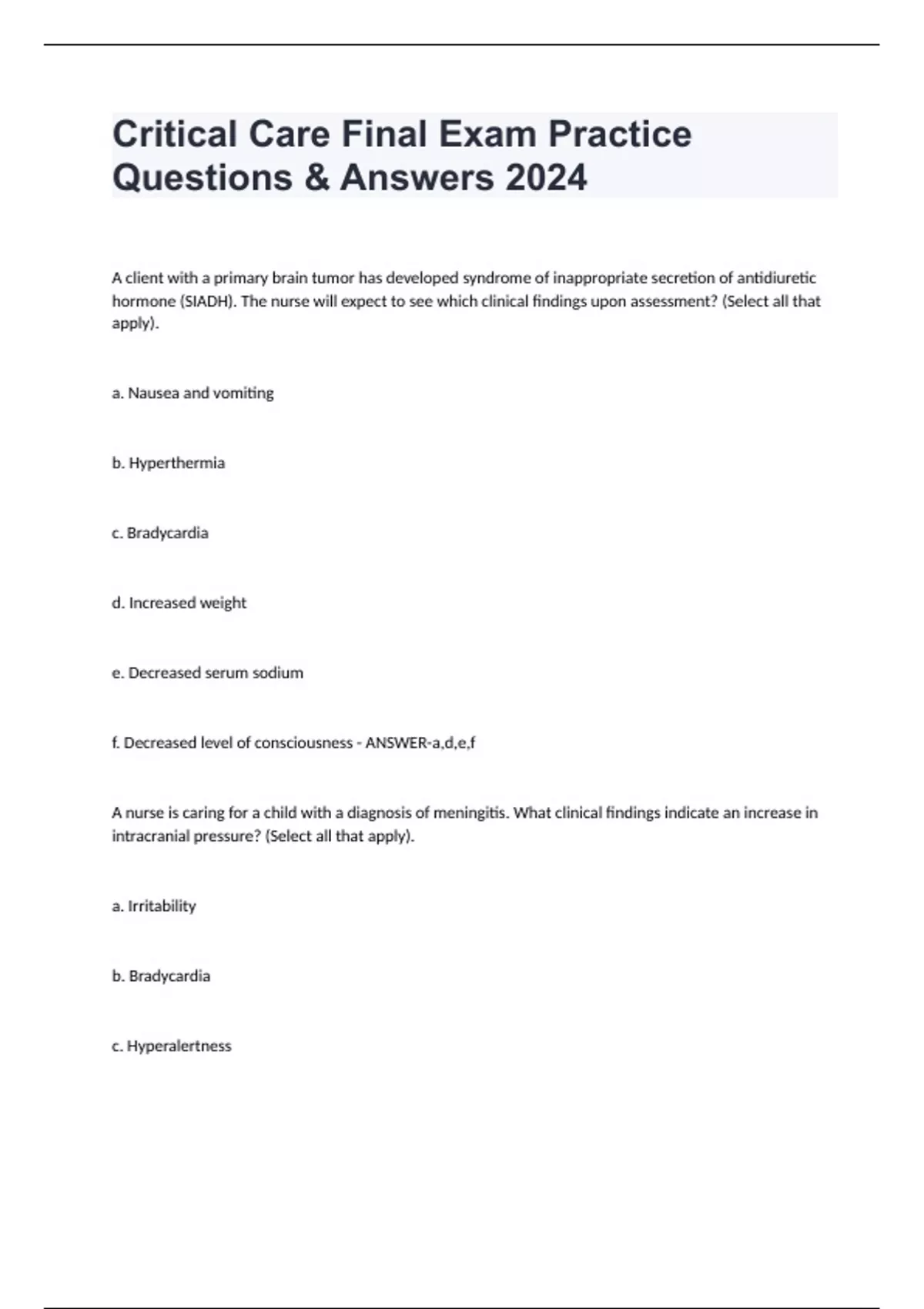 Critical Care Final Exam Practice Questions & Answers 2024 - Critical ...