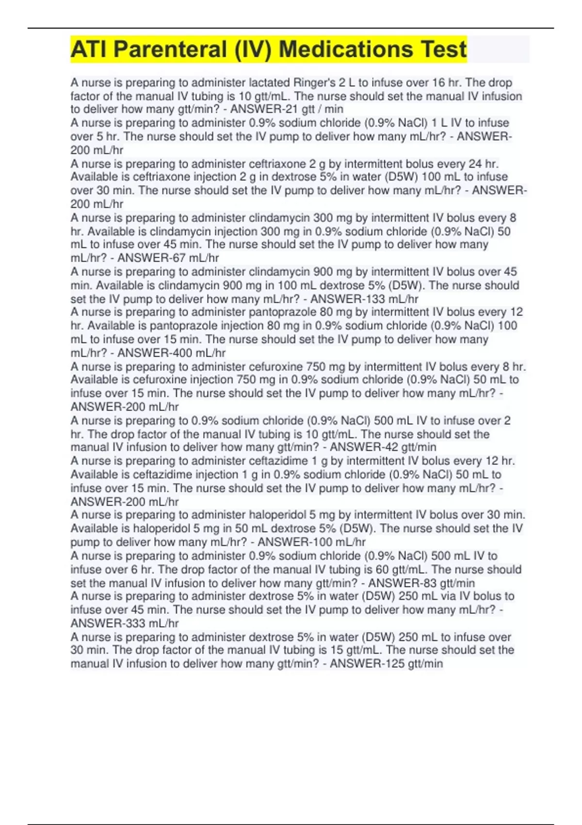 ATI Parenteral (IV) Medications Test - ATI Parenteral Medications ...