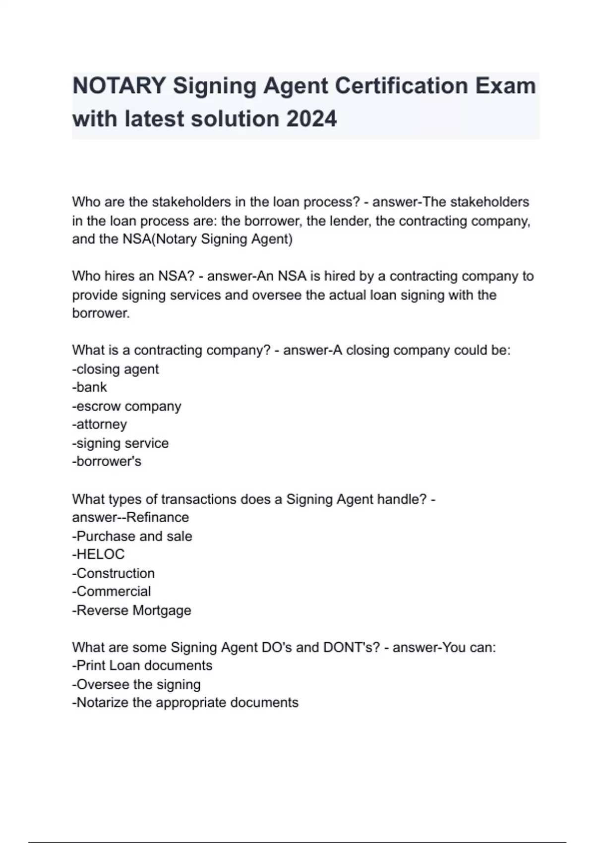 NOTARY Signing Agent Certification Exam with latest solution 2024 ...