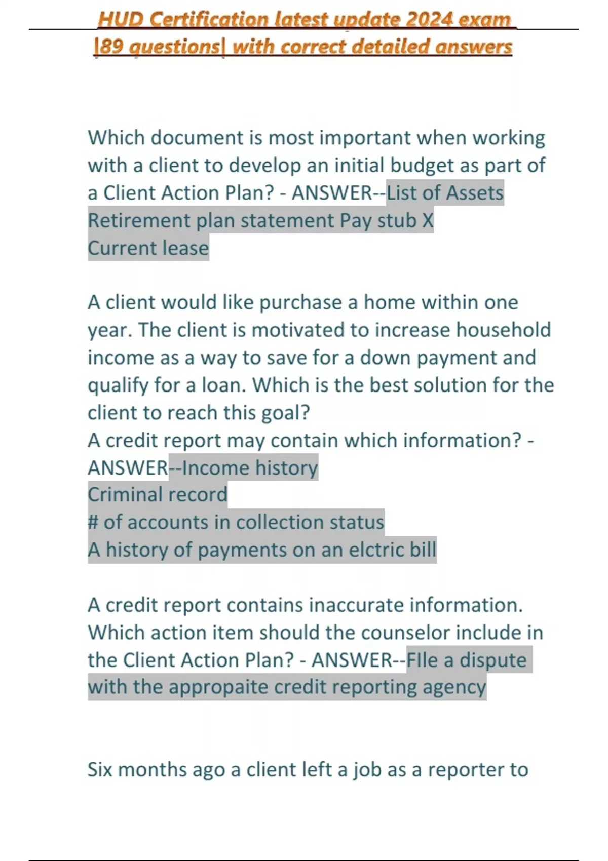 HUD Certification latest update 2024 exam |89 questions| with correct ...