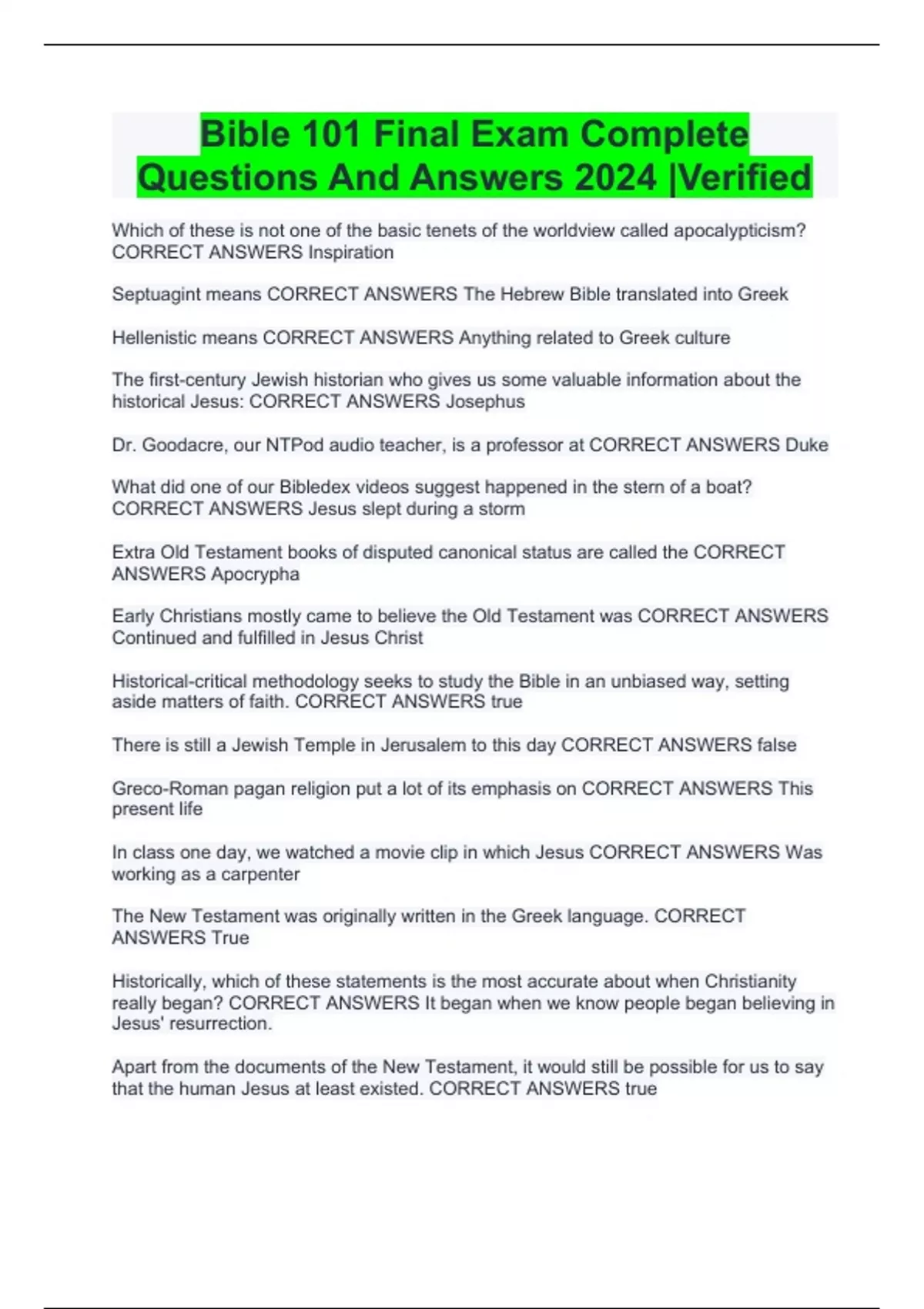 Bible 101 Final Exam Complete Questions And Answers 2024 |Verified ...