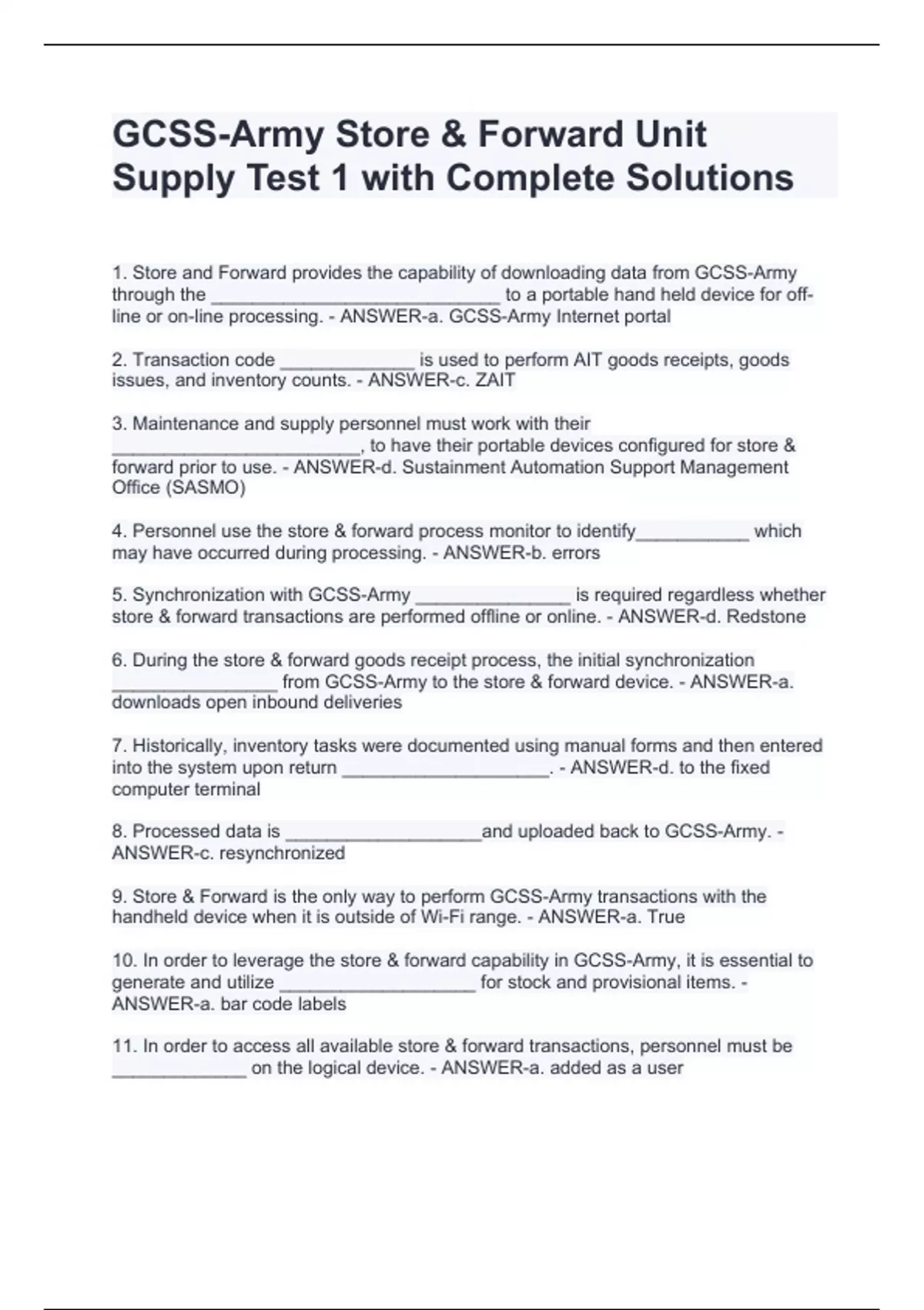Gcss Army Store And Forward Unit Supply Test 1 With Complete Solutions Gcss Army Store And Forward