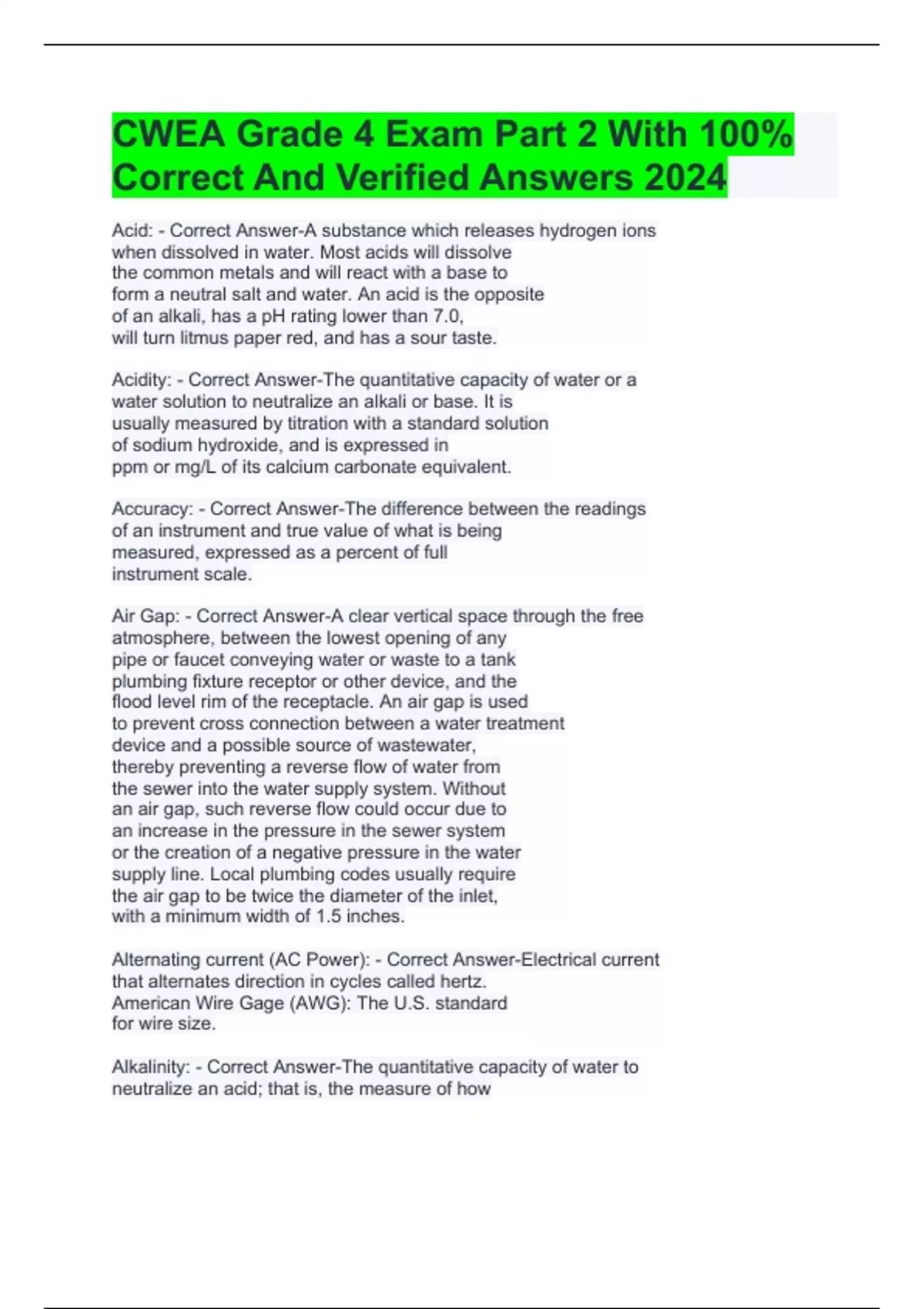 CWEA Grade 4 Exam Part 2 With 100% Correct And Verified Answers 2024 - Cwea - Stuvia US