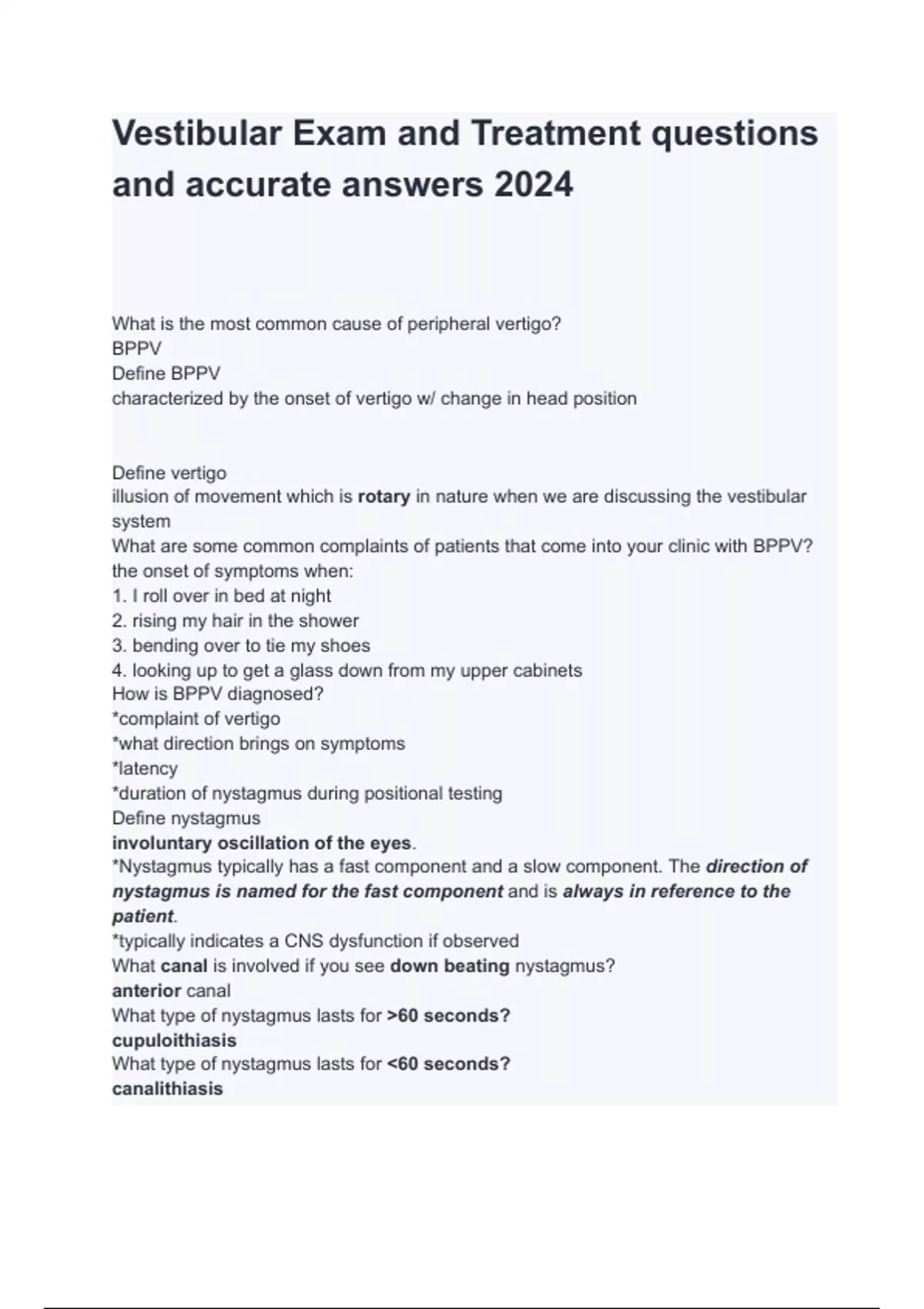 Vestibular Exam and Treatment questions and accurate answers 2024 ...