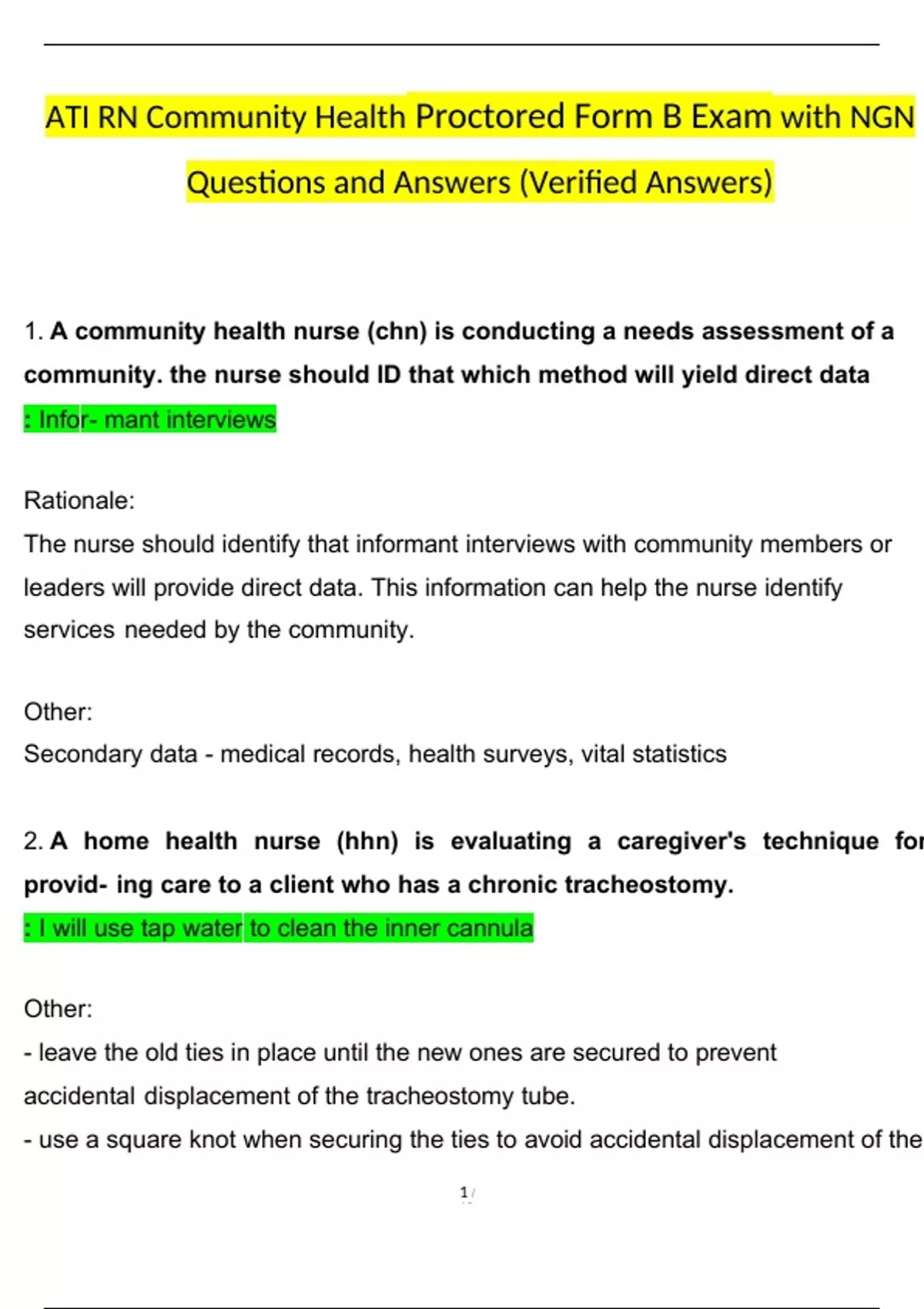 ATI RN Community Health Proctored Form B Exam with NGN with Questions ...