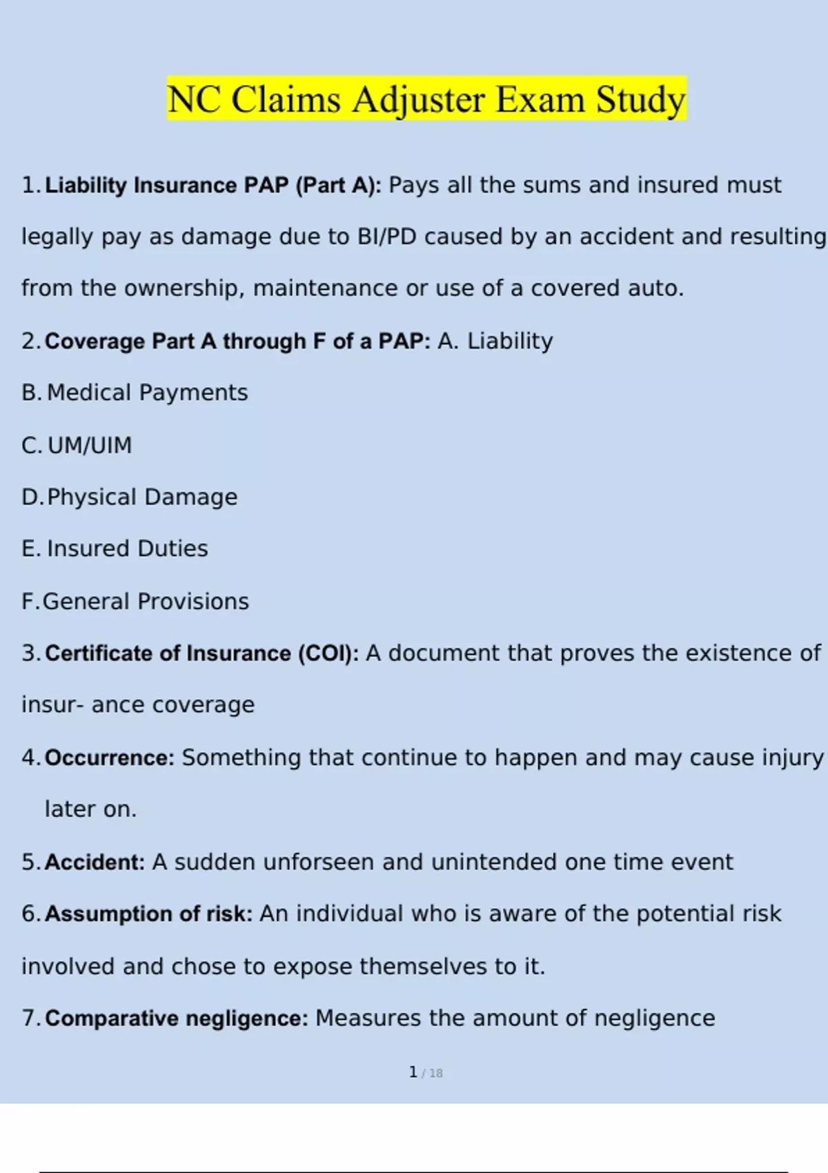NC Claims Adjuster Exam Study | Questions with 100% Correct Answers ...