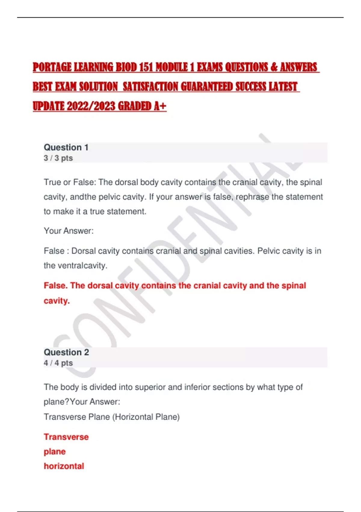 PORTAGE LEARNING BIOD 151 MODULE 1 EXAMS QUESTIONS & ANSWERS - NURS ...