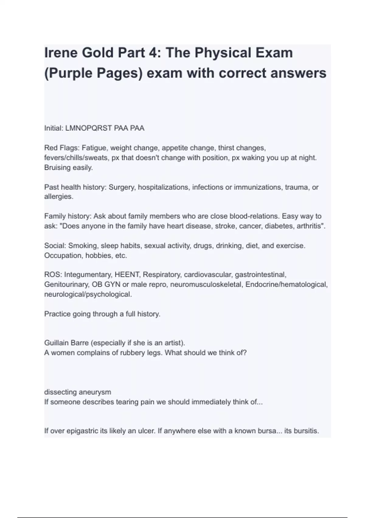 Irene Gold Part 4: The Physical Exam (Purple Pages) exam with correct ...