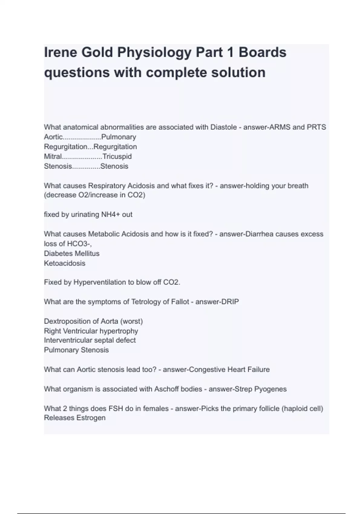 Irene Gold Physiology Part 1 Boards questions with complete solution ...