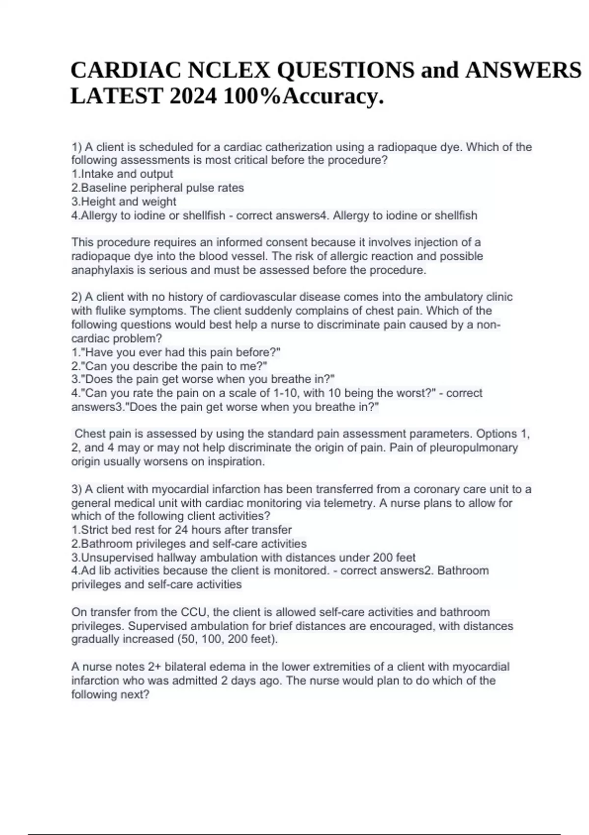 CARDIAC NCLEX QUESTIONS and ANSWERS LATEST 2024 100%Accuracy. - CARDIAC ...