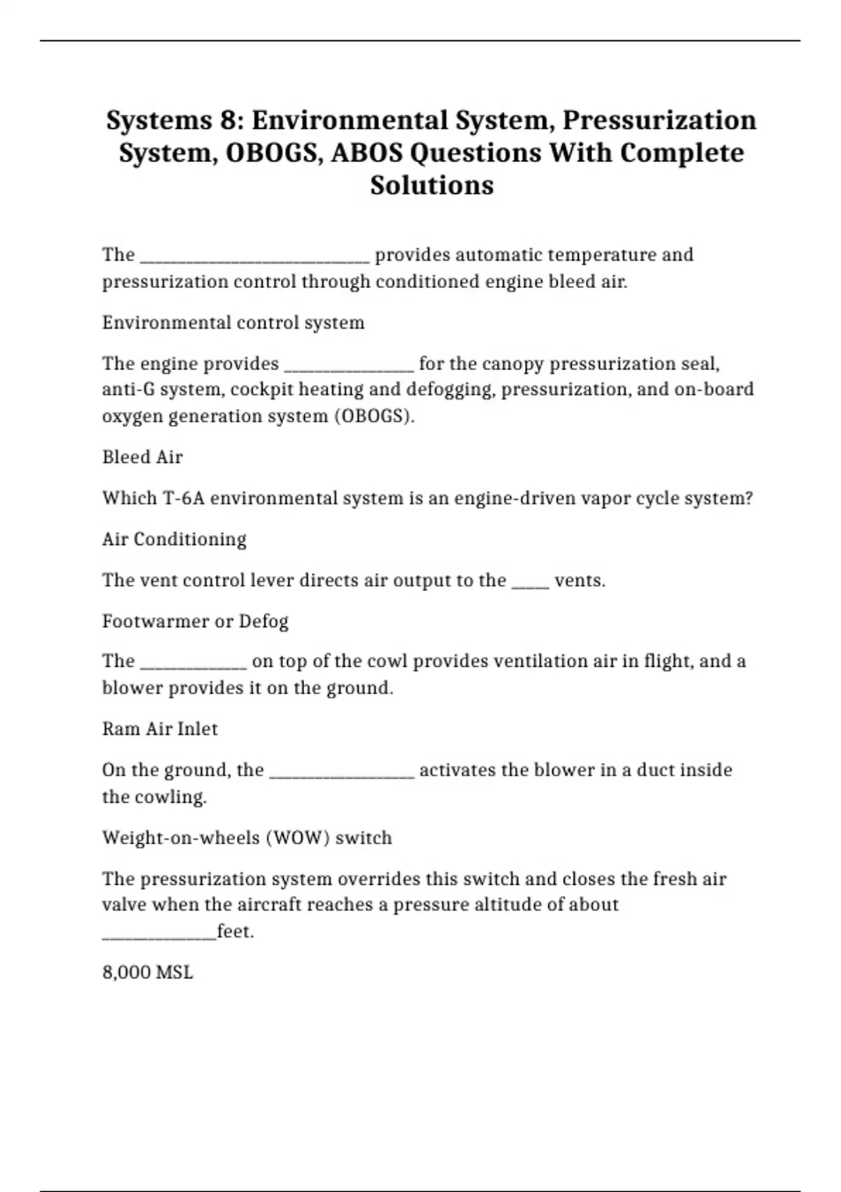Systems 8: Environmental System, Pressurization System, OBOGS, ABOS Questions With Complete ...