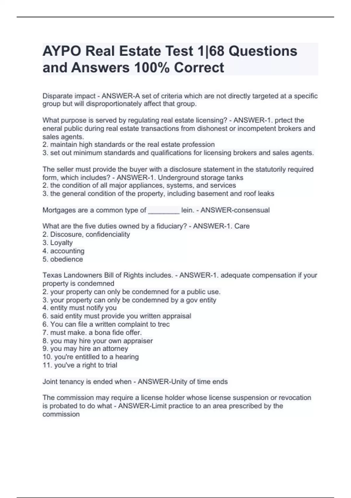 AYPO Real Estate Test 1|68 Questions and Answers 100% Correct - AYPO ...