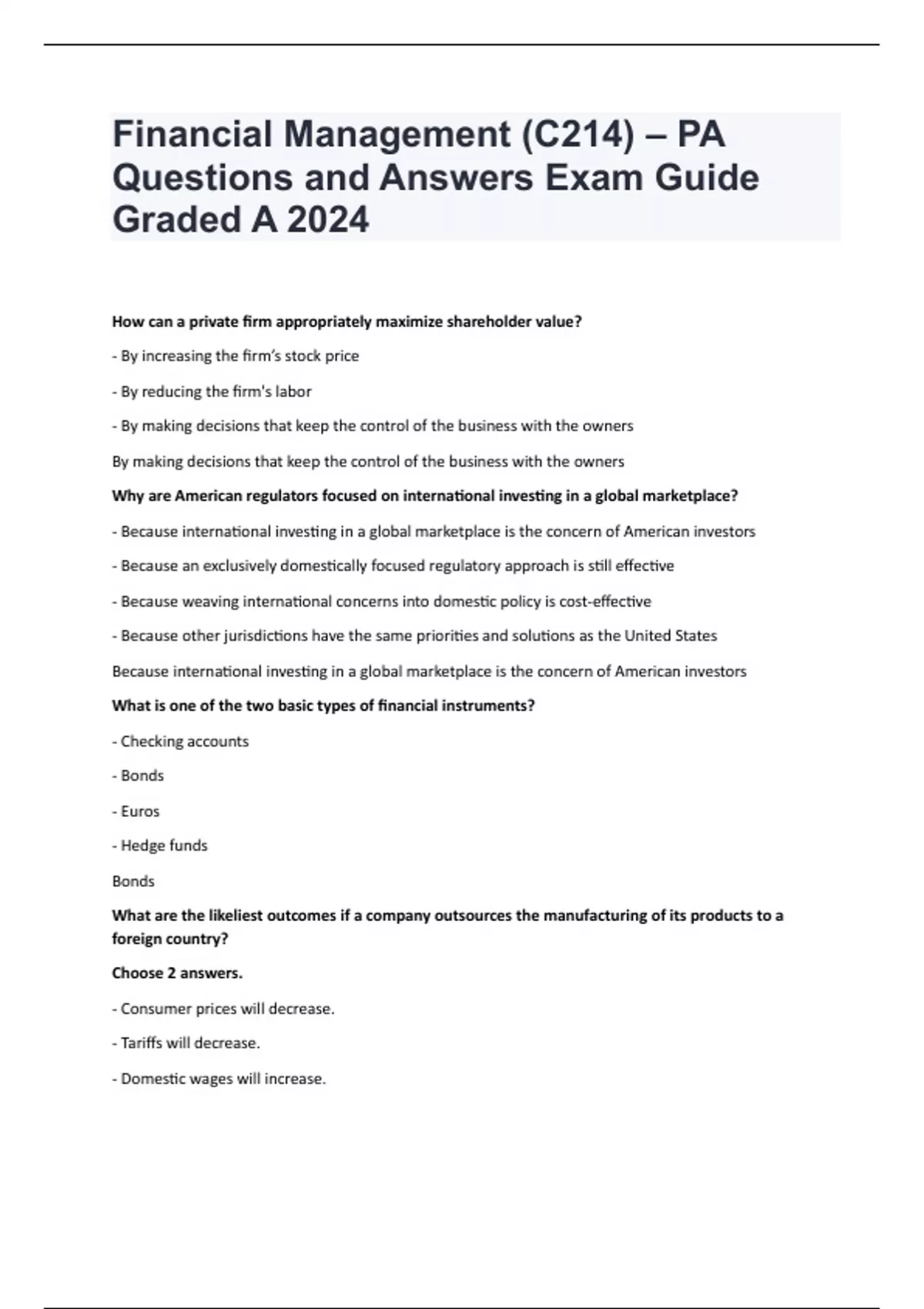 Financial Management (C214) – PA Questions and Answers Exam Guide ...
