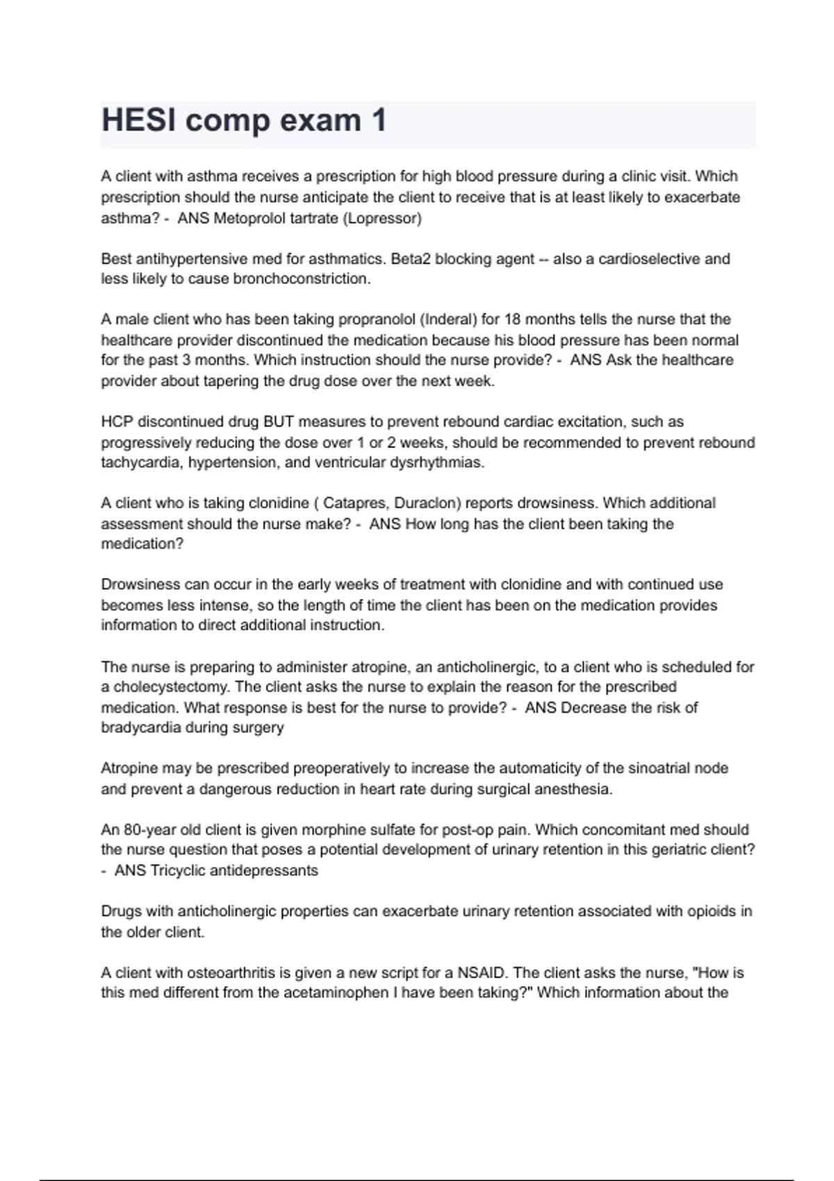 HESI Comp Exam 1 Questions with correct Answers 2024( A+ GRADED 100% ...