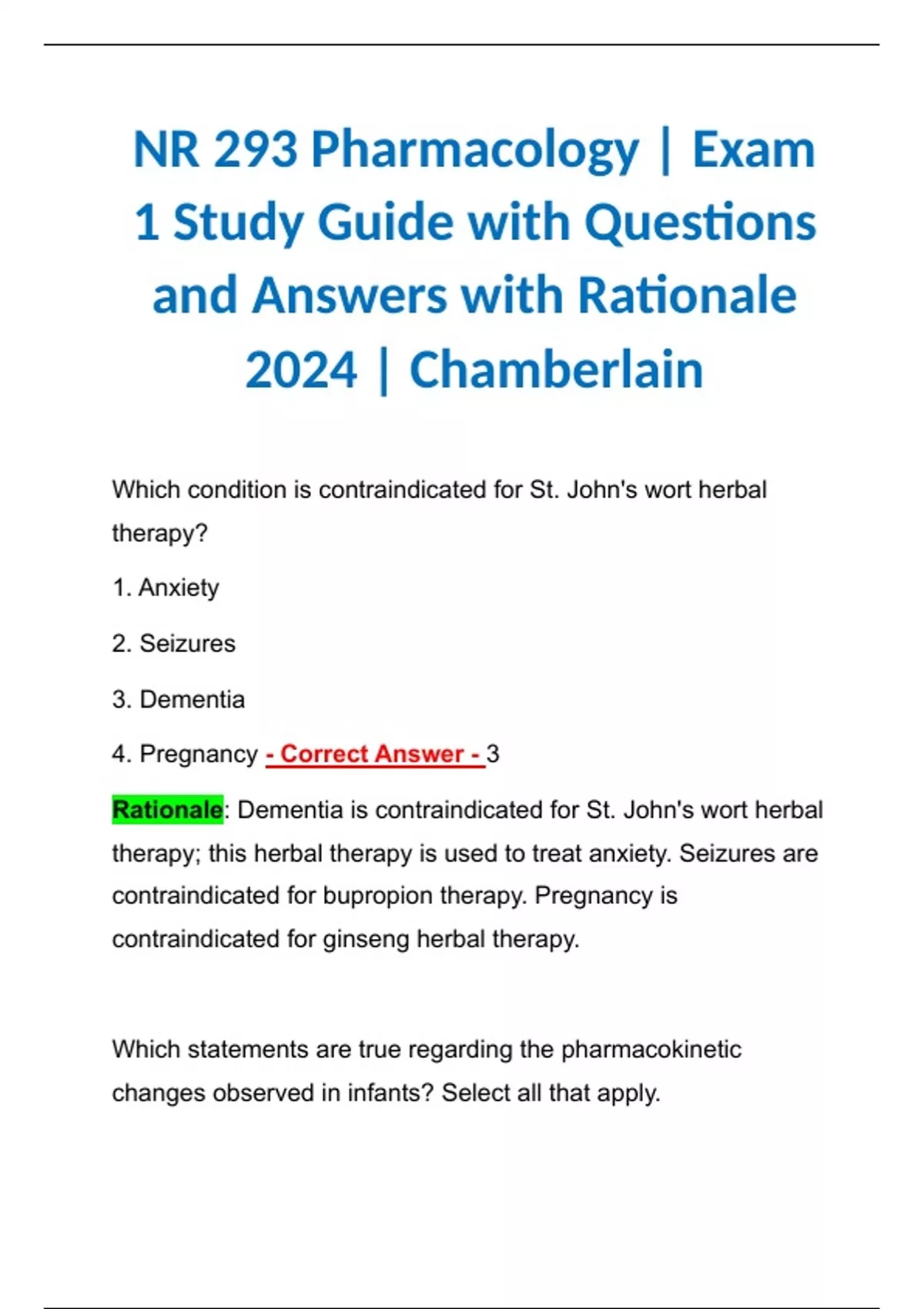 NR 293 Pharmacology | Exam 1 Study Guide with Questions and Answers with Rationale 2024 ...