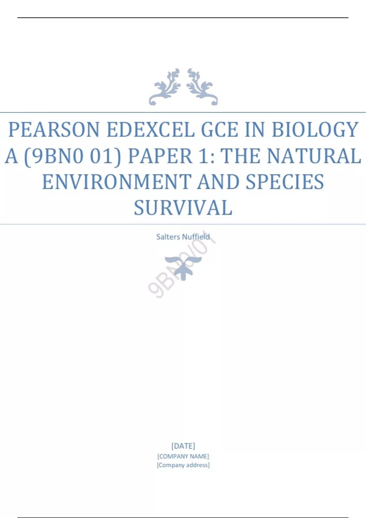 PEARSON EDEXCEL A LEVEL BIOLOGY A PAPER 1: THE NATURAL ENVIRONMENT AND ...