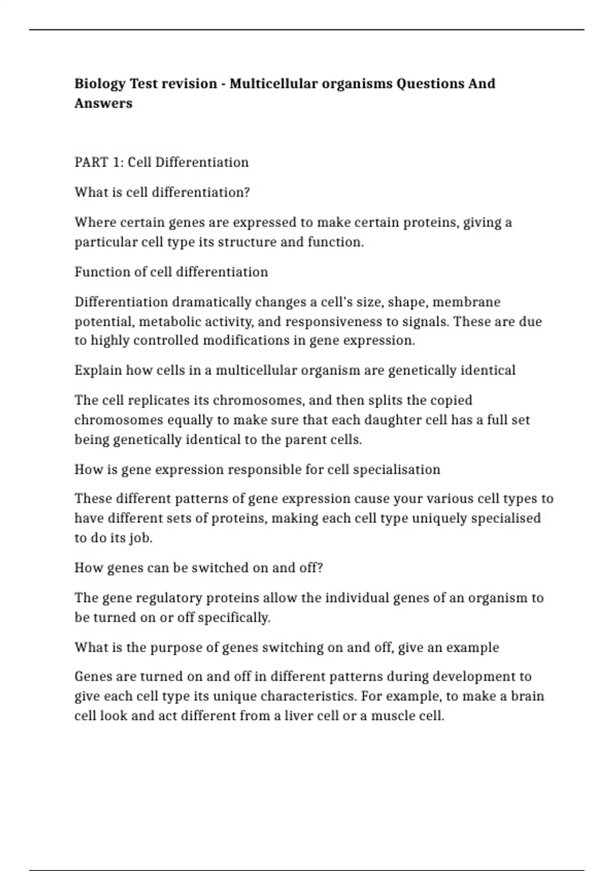 Biology Test revision - Multicellular organisms Questions And Answers ...