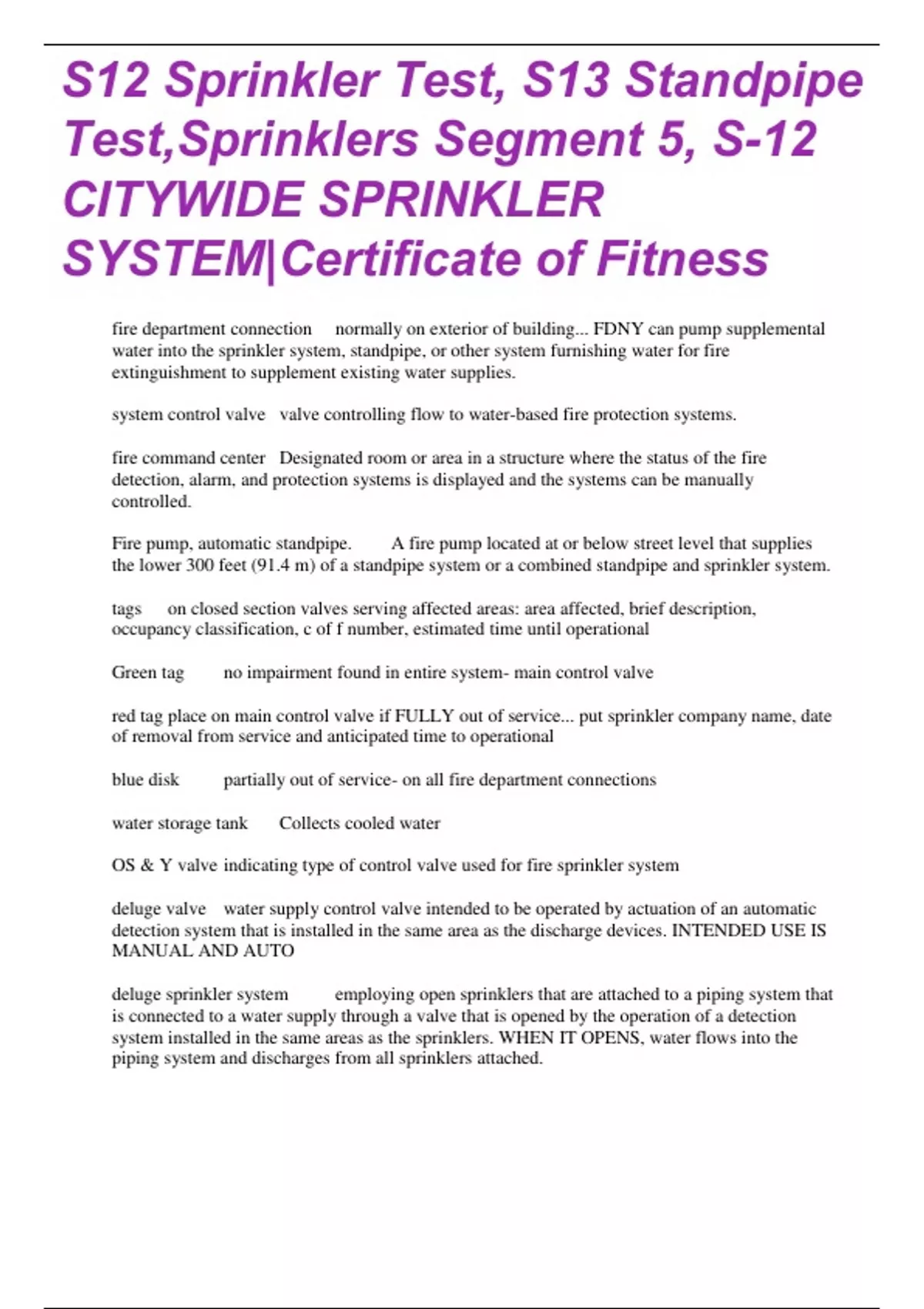 S12 Sprinkler Test, S13 Standpipe Test, Sprinklers Segment 5, S-12 ...