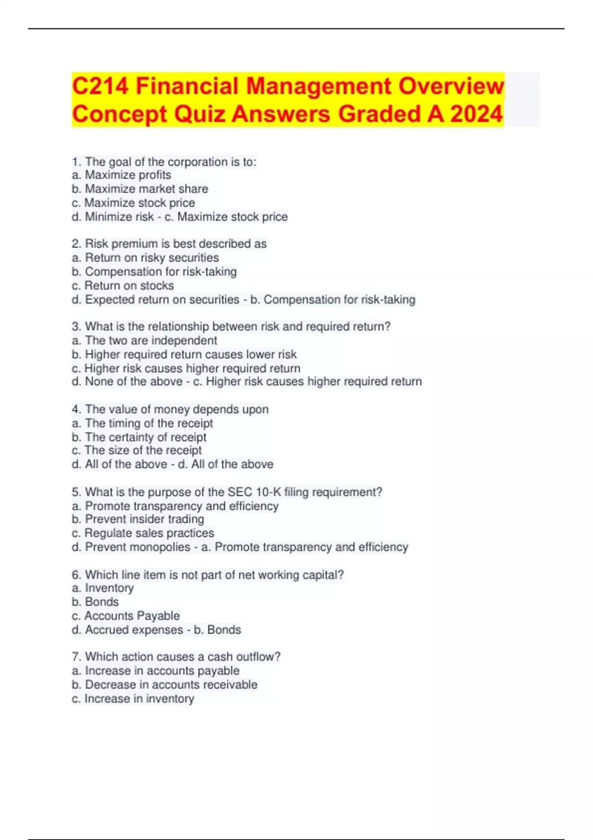 C214 Financial Management Overview Concept Quiz Answers Graded A 2024 ...