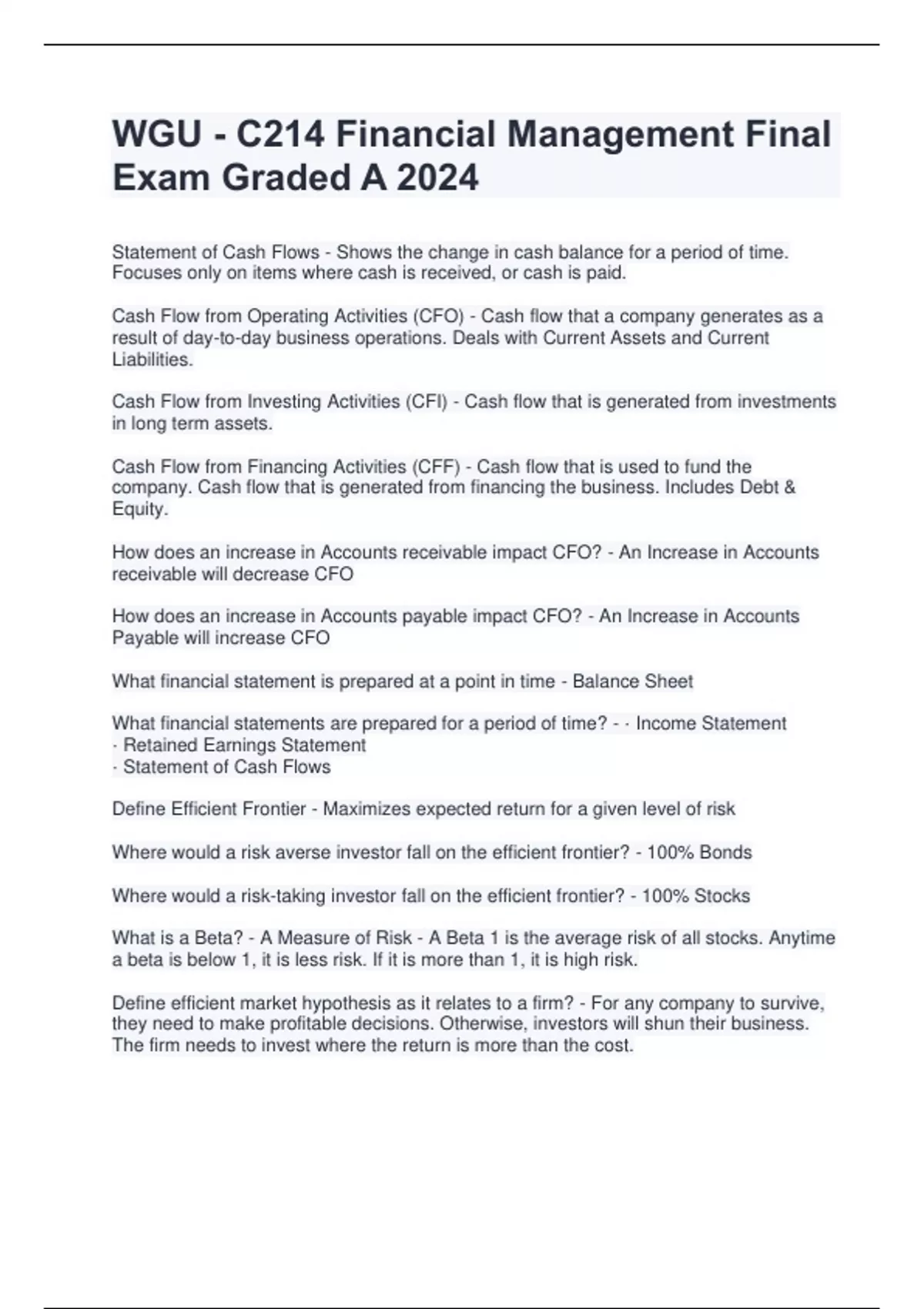 WGU - C214 Financial Management Final Exam Graded A 2024 - WGU - C214 ...