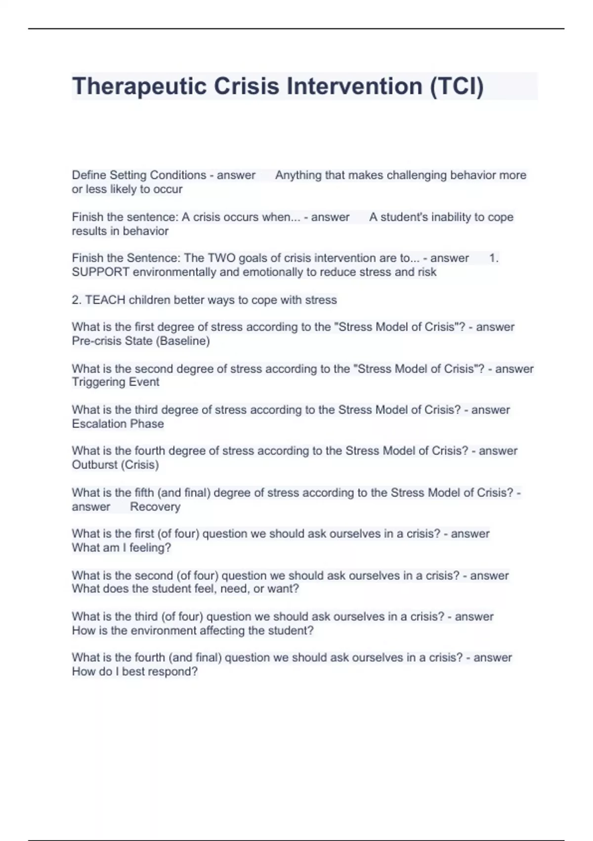 Therapeutic Crisis Intervention (TCI) Questions with solutions 2024 - LSI - Stuvia US