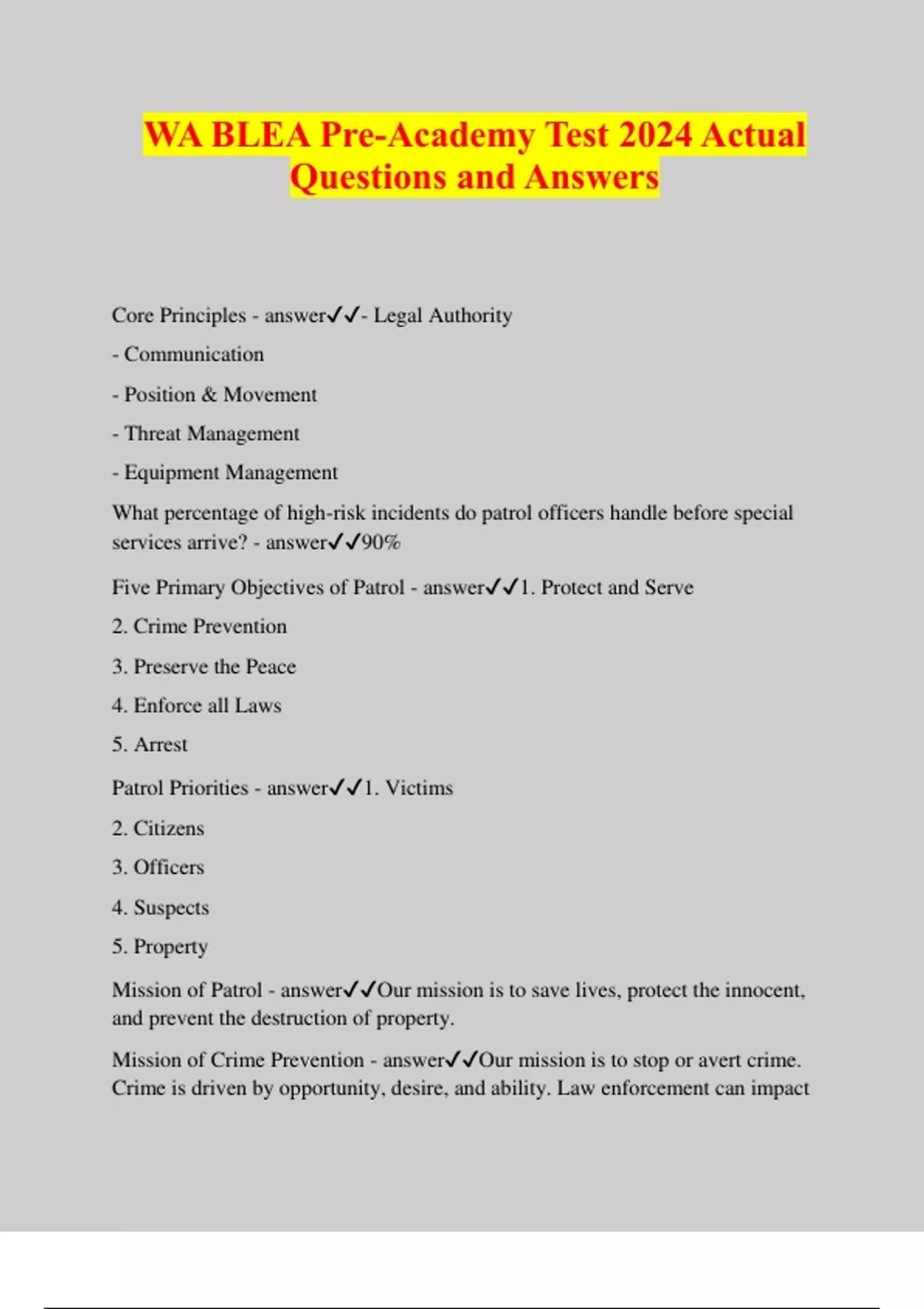 WA BLEA Pre-Academy Test 2024 Actual Questions and Answers - BLEA ...