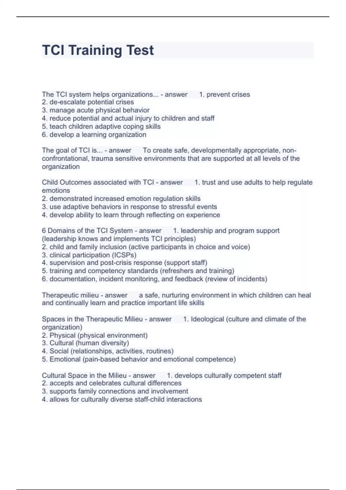 TCI Training Test Questions with solutions 2024 - LSI - Stuvia US