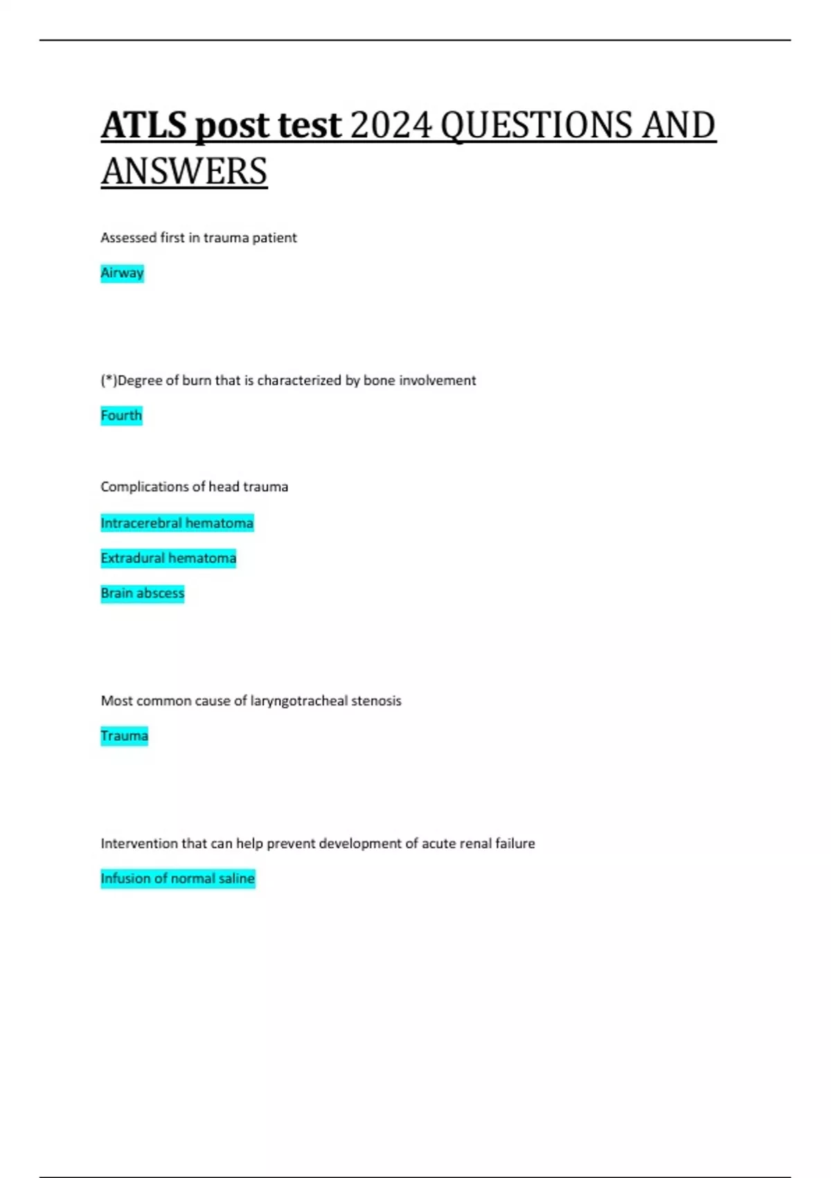 ATLS Post Test 2024 QUESTIONS AND ANSWERS ATLS Stuvia US
