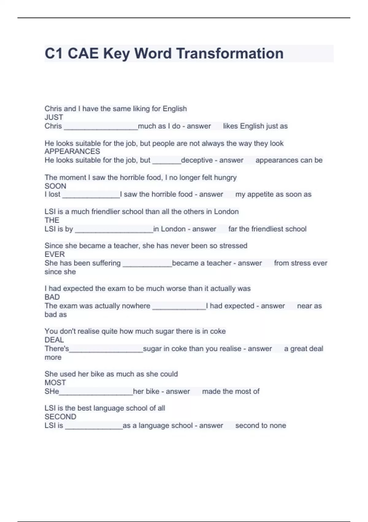 C1 CAE Key Word Transformation Questions with correct Answers 2024 - LSI - Stuvia US