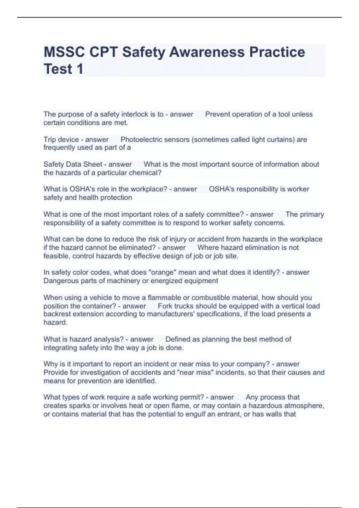 MSSC CPT Safety Awareness Practice Test 1 Questions and Answers 2024 ...