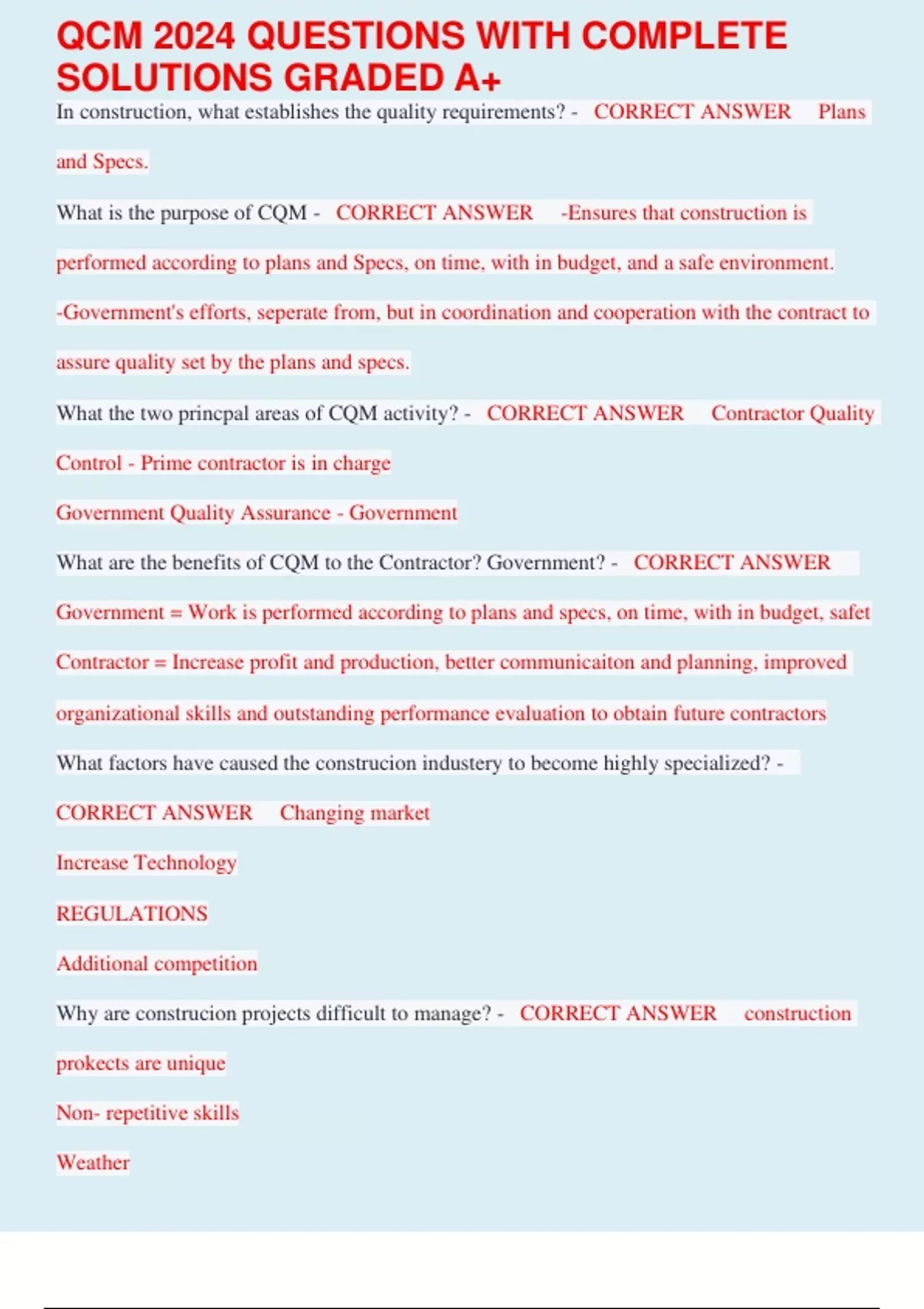 QCM 2024 QUESTIONS WITH COMPLETE SOLUTIONS GRADED A+ - QCM - Stuvia US
