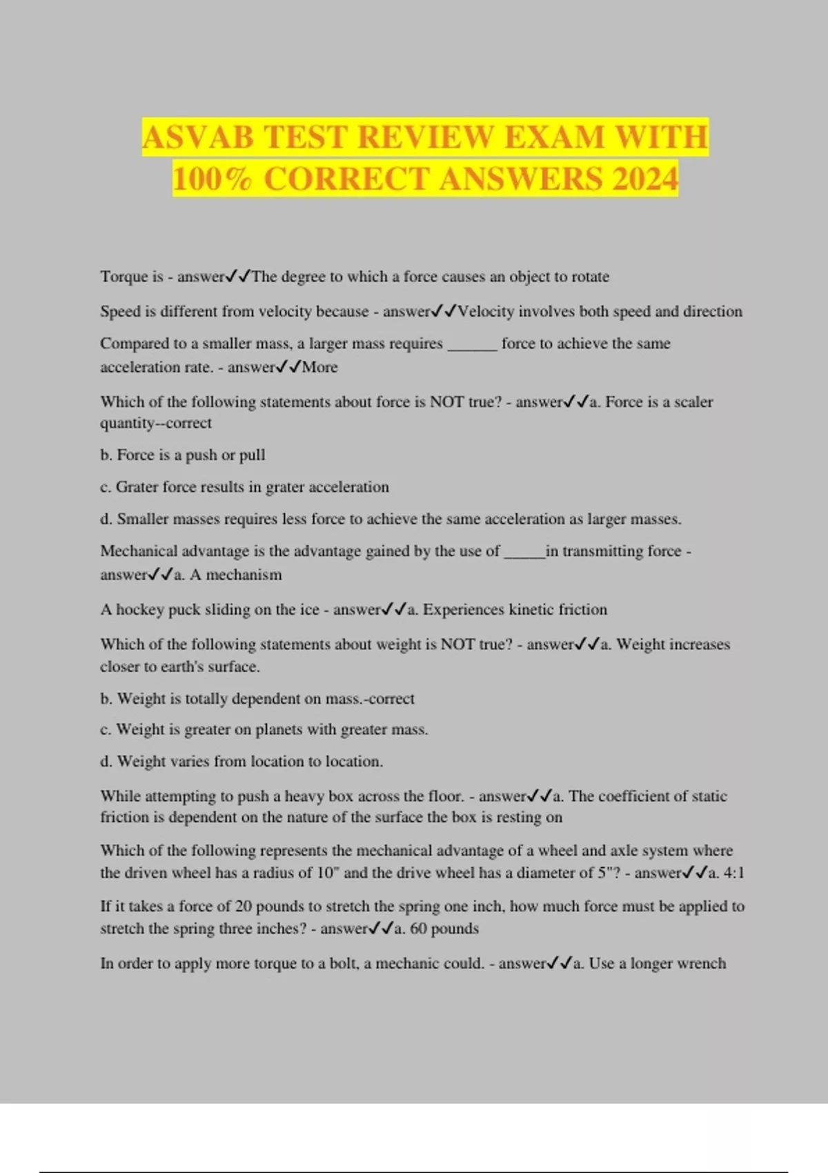 ASVAB TEST REVIEW EXAM WITH 100% CORRECT ANSWERS 2024 - ASVAB - Stuvia US