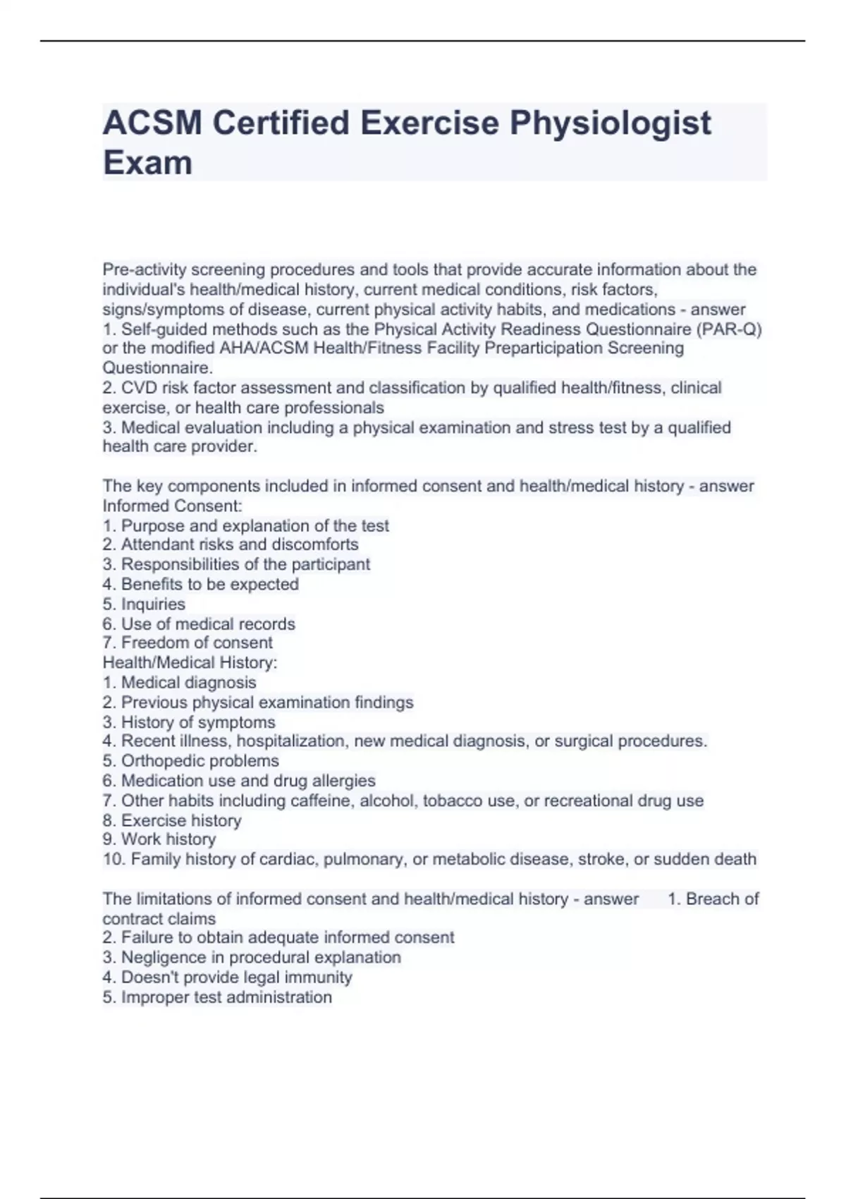 ACSM Certified Exercise Physiologist Exam Questions and Answers 2024 ...
