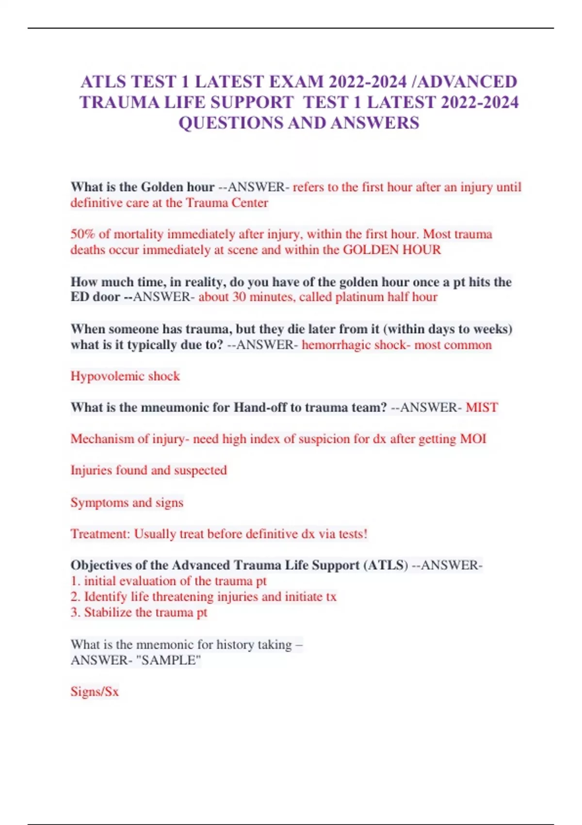 ATLS TEST 1 LATEST EXAM /ADVANCED TRAUMA LIFE SUPPORT TEST 1 LATEST ...