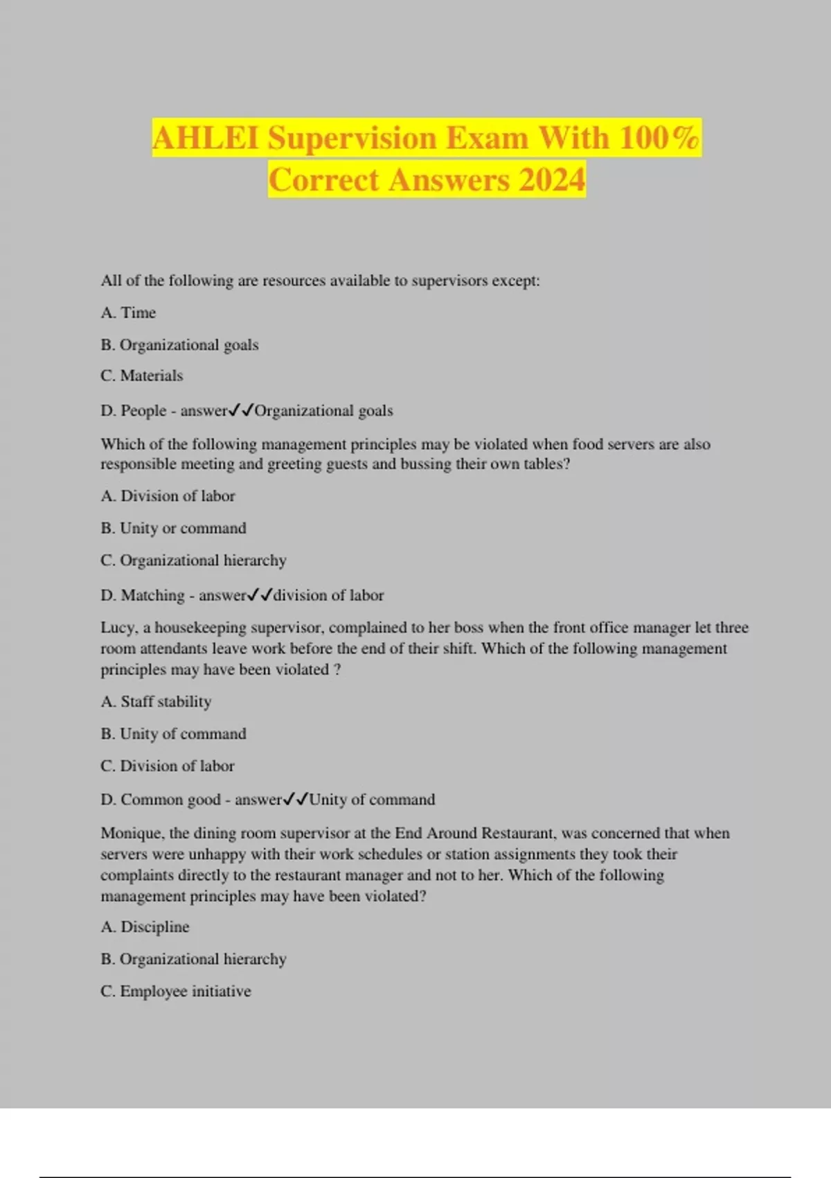 AHLEI Supervision Exam With 100% Correct Answers 2024 - AHLEI - Stuvia US
