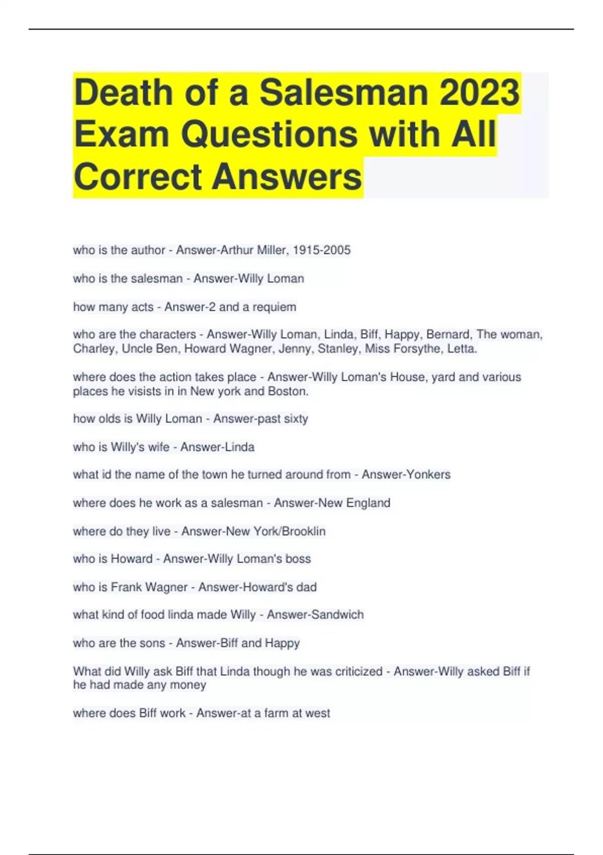 Death of a Salesman 2023 Exam Questions with All Correct Answers ...