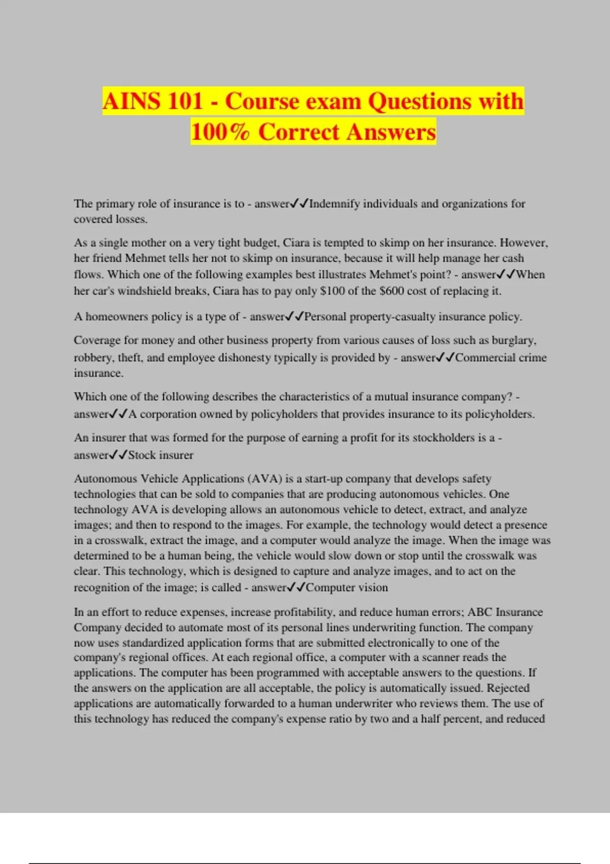 Package deal for AINS101 Exam Questions with 100% Correct Answers ...
