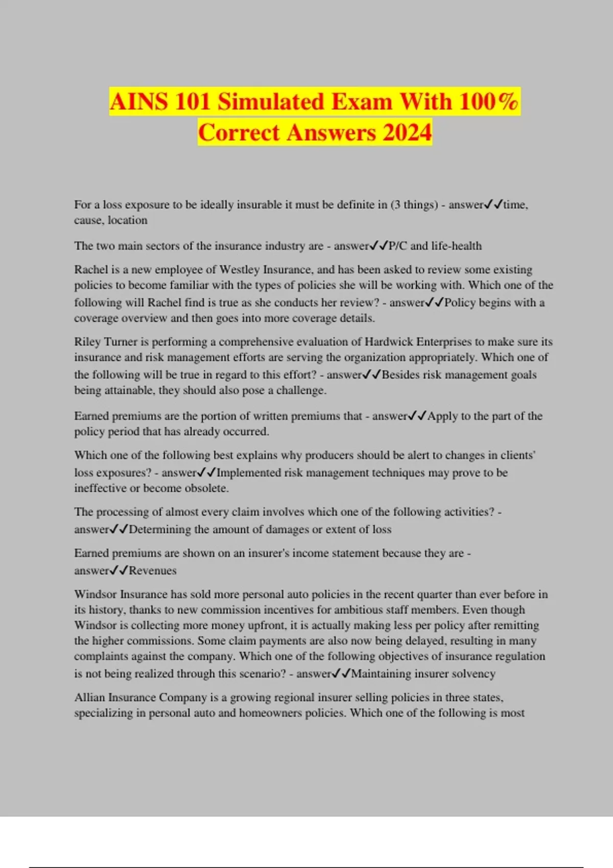 AINS 101 Simulated Exam With 100% Correct Answers 2024 - Ains101 ...