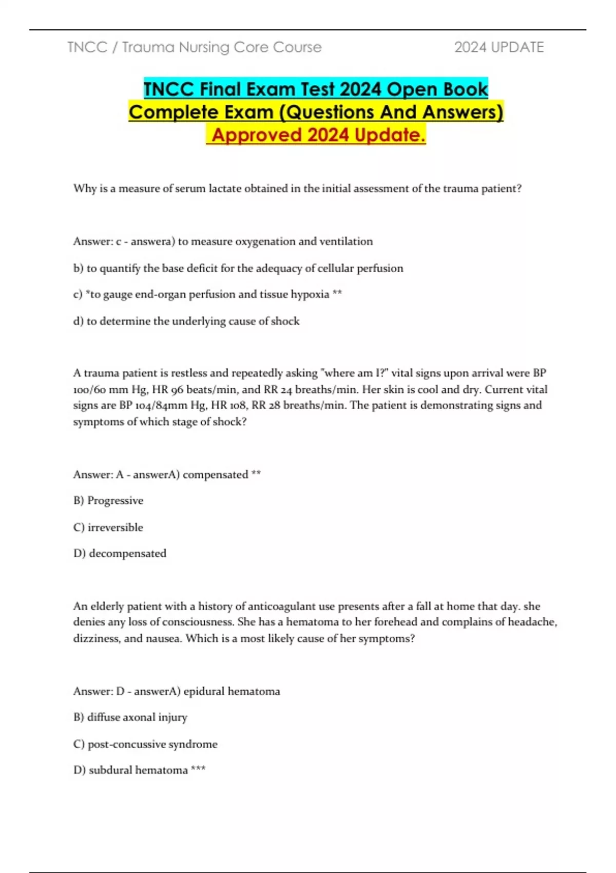 TNCC Final Exam Test 2024 Open Book Complete Exam (Questions And ...