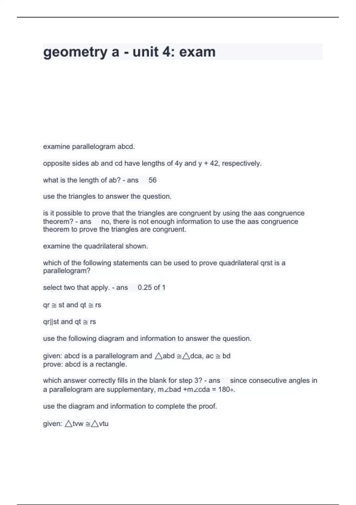 geometry a - unit 4: exam - Geometry a - Stuvia US