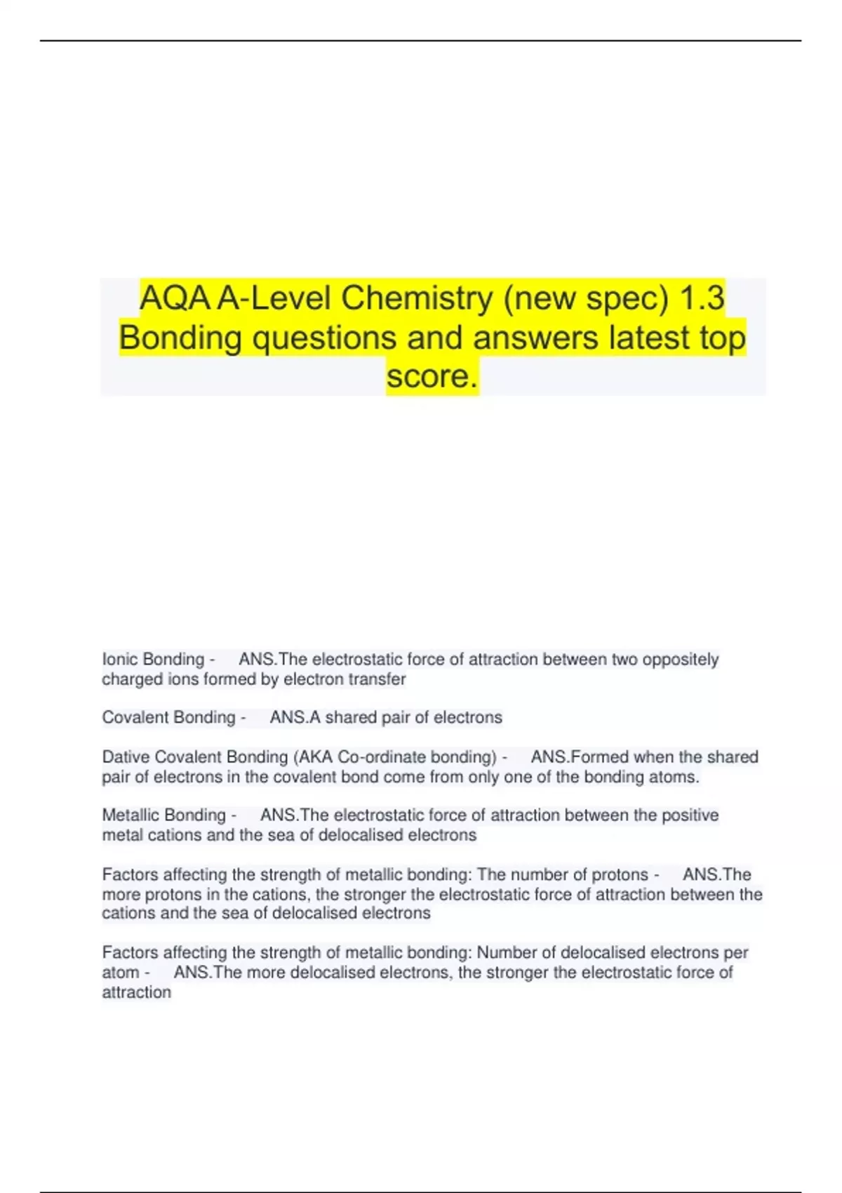 AQA A-Level Chemistry (new spec) 1.3 Bonding questions and answers ...