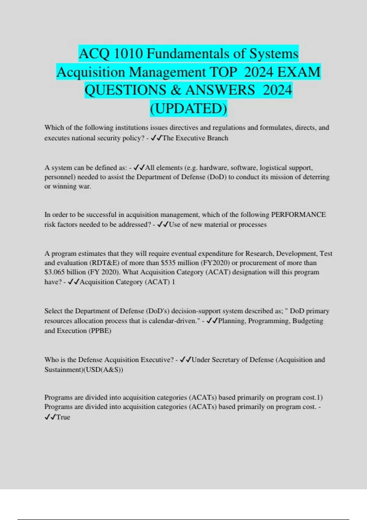 ACQ 1010 Fundamentals of Systems Acquisition Management TOP 2024 EXAM QUESTIONS & ANSWERS 2024 ...