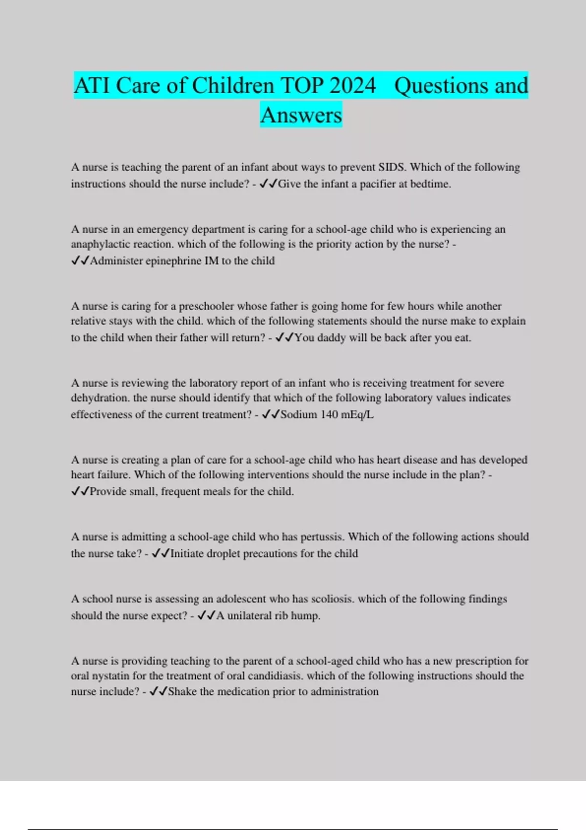 ATI Care of Children TOP 2024 Questions and Answers - ATI Child - RN ...