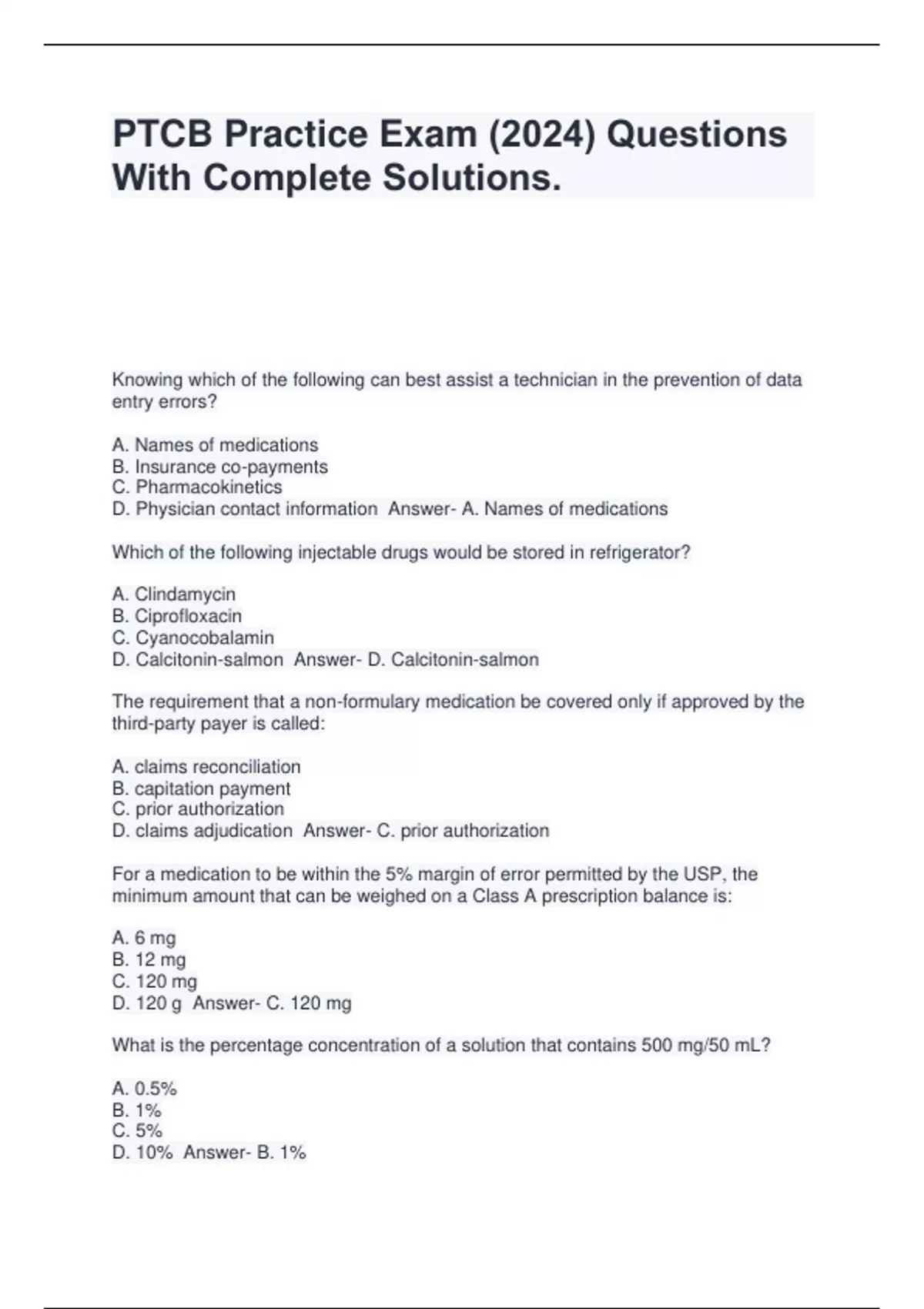 PTCB Practice Exam (2024) Questions With Complete Solutions. - Vpk - Stuvia US