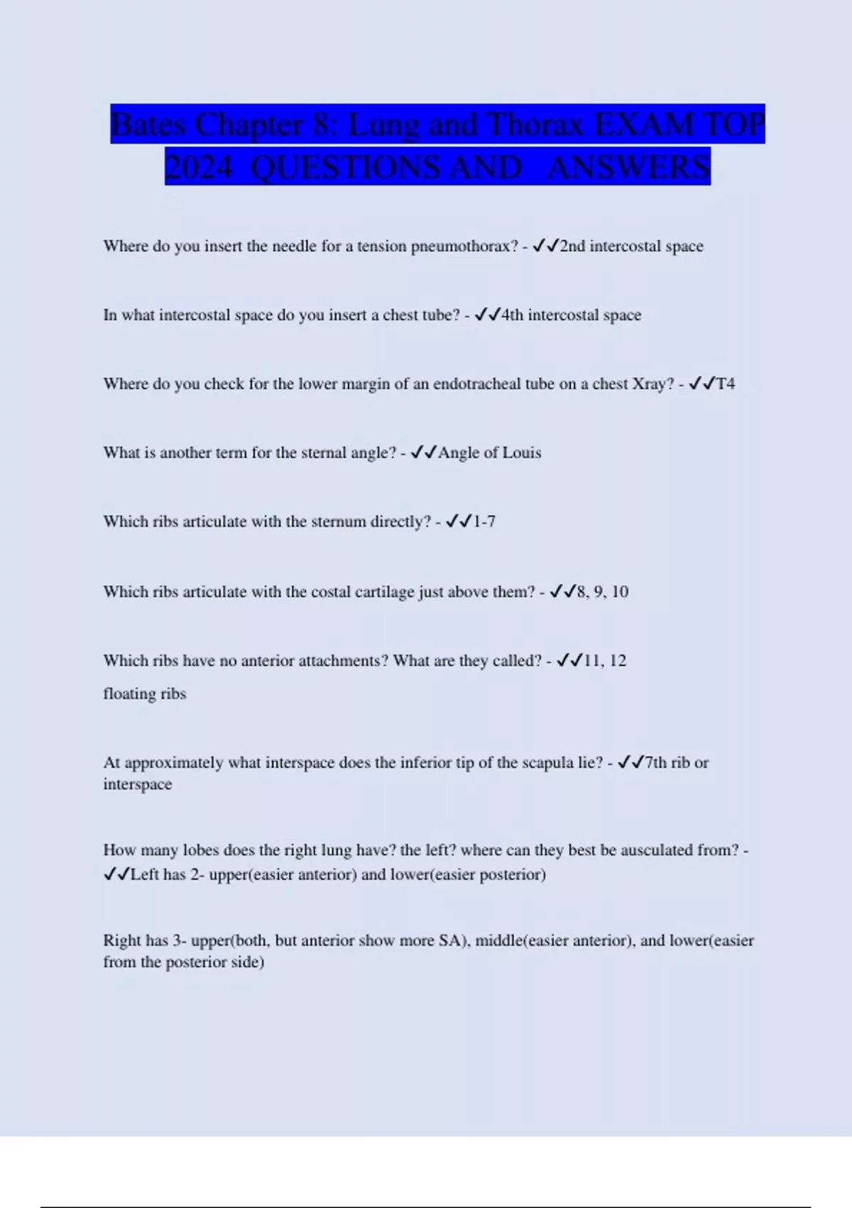 Bates Chapter 8: Lung and Thorax EXAM TOP 2024 QUESTIONS AND ANSWERS ...