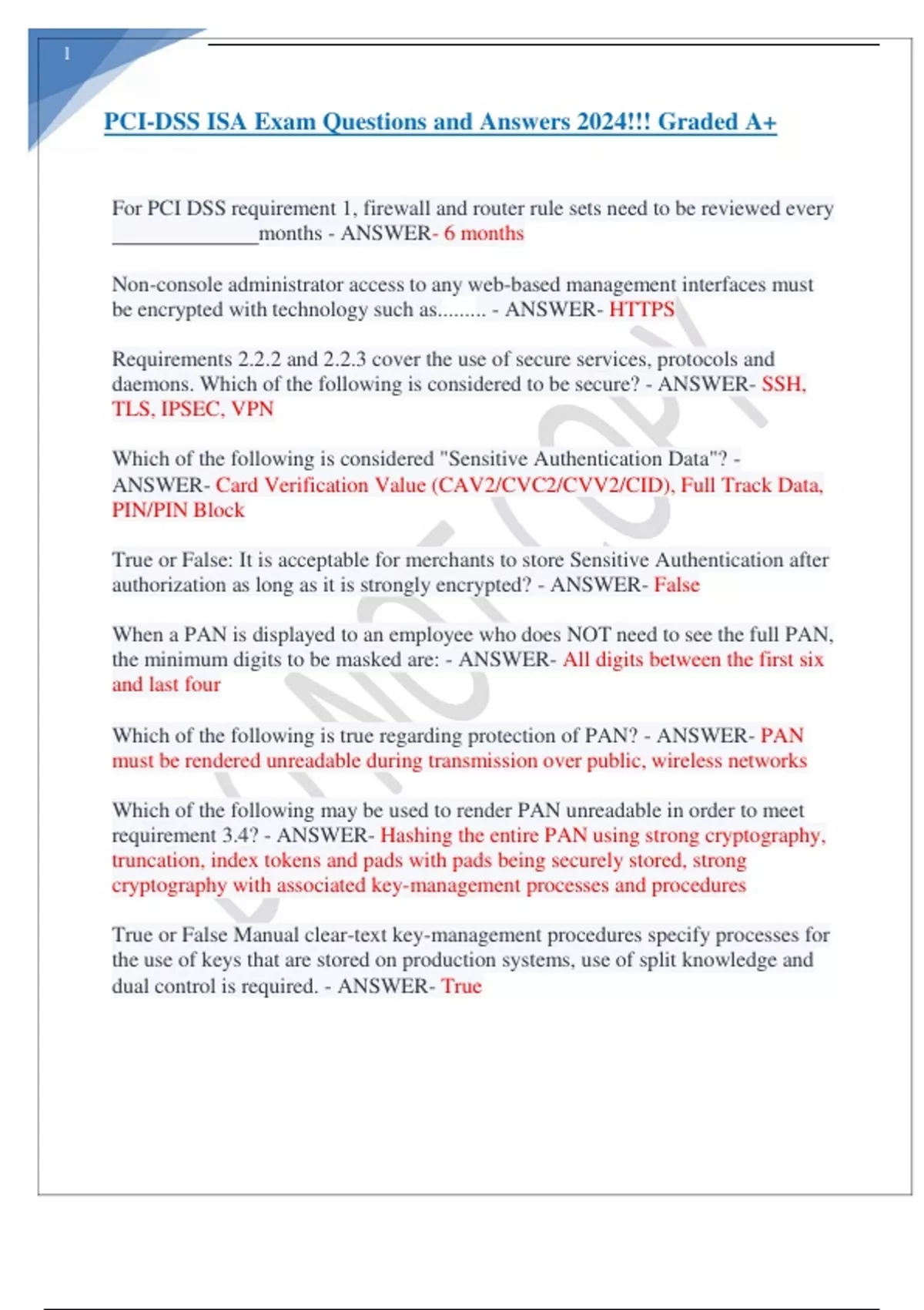 PCI-DSS ISA Exam Questions and Answers 2024!!! Graded A+. - PCI DSS ISA - Stuvia US