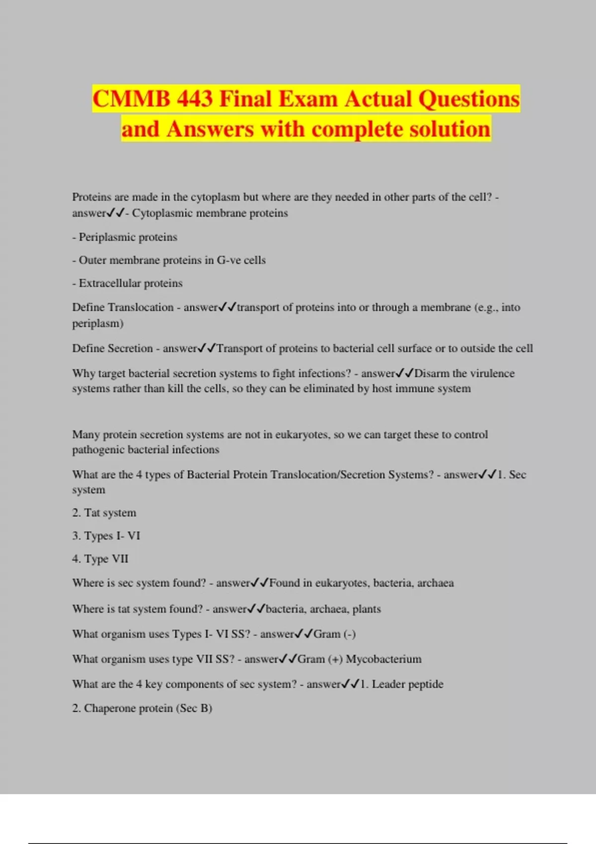 CMMB 443 Final Exam Actual Questions and Answers with complete solution - CMMB - Stuvia US
